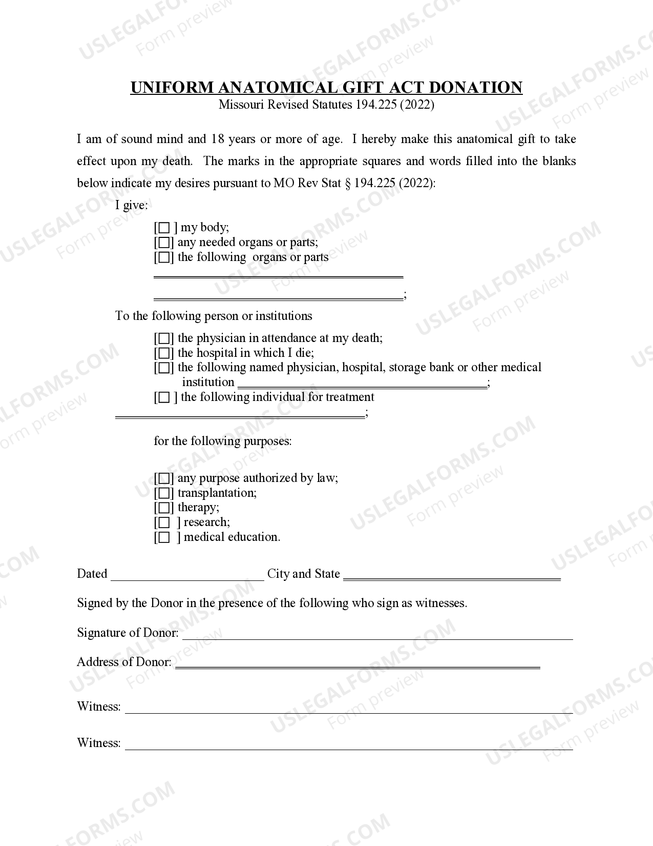 Missouri Revised Uniform Anatomical Gift Act Donation | US Legal Forms