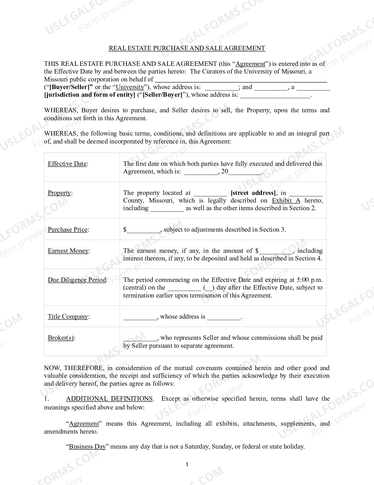 Missouri Real Estate Purchase and Sale Agreement | US Legal Forms