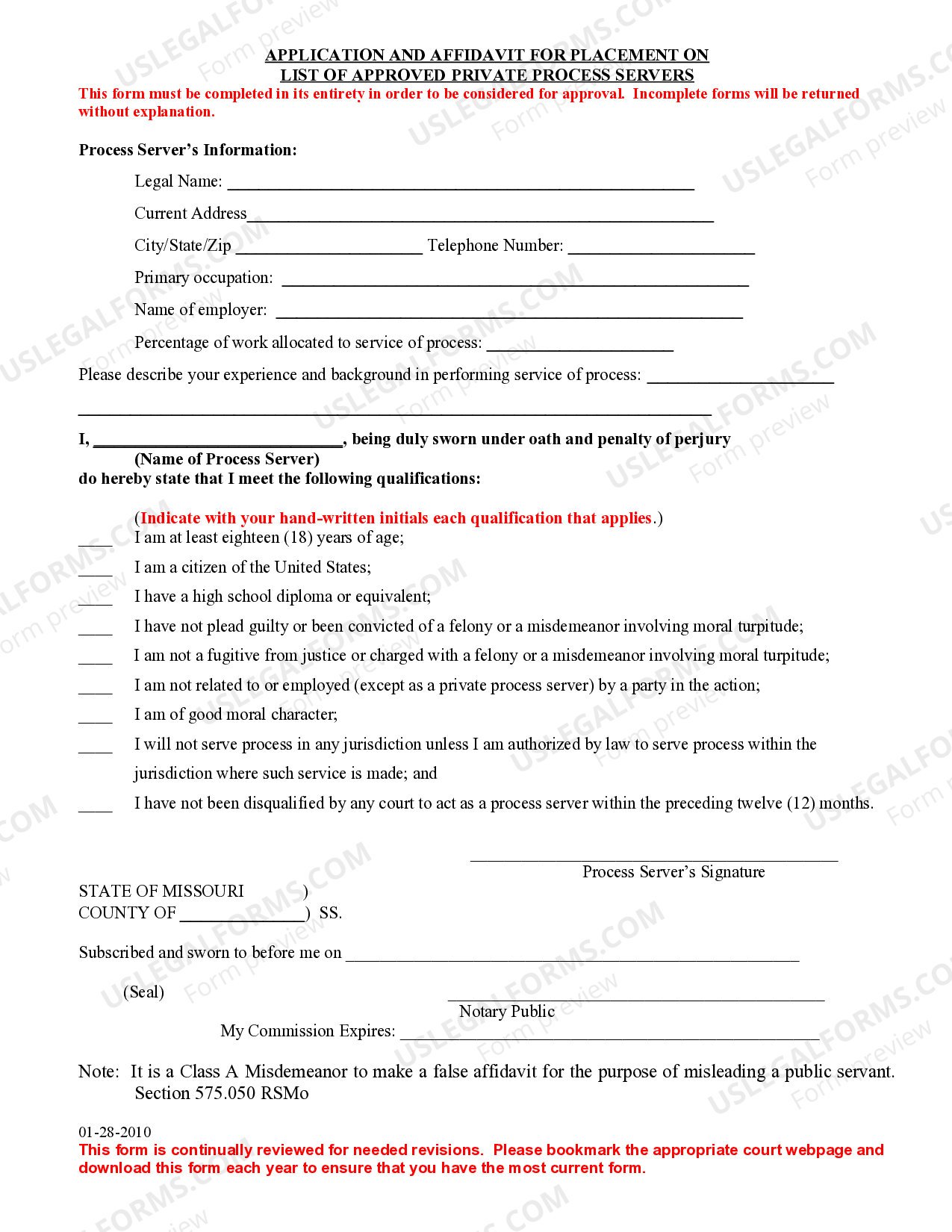 Missouri Application and Affidavit for Placement on List of Approved ...