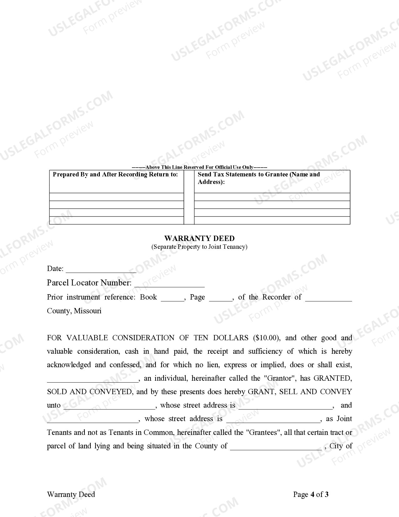 Missouri Warranty Deed for Separate or Joint Property to Joint Tenancy | US Legal Forms