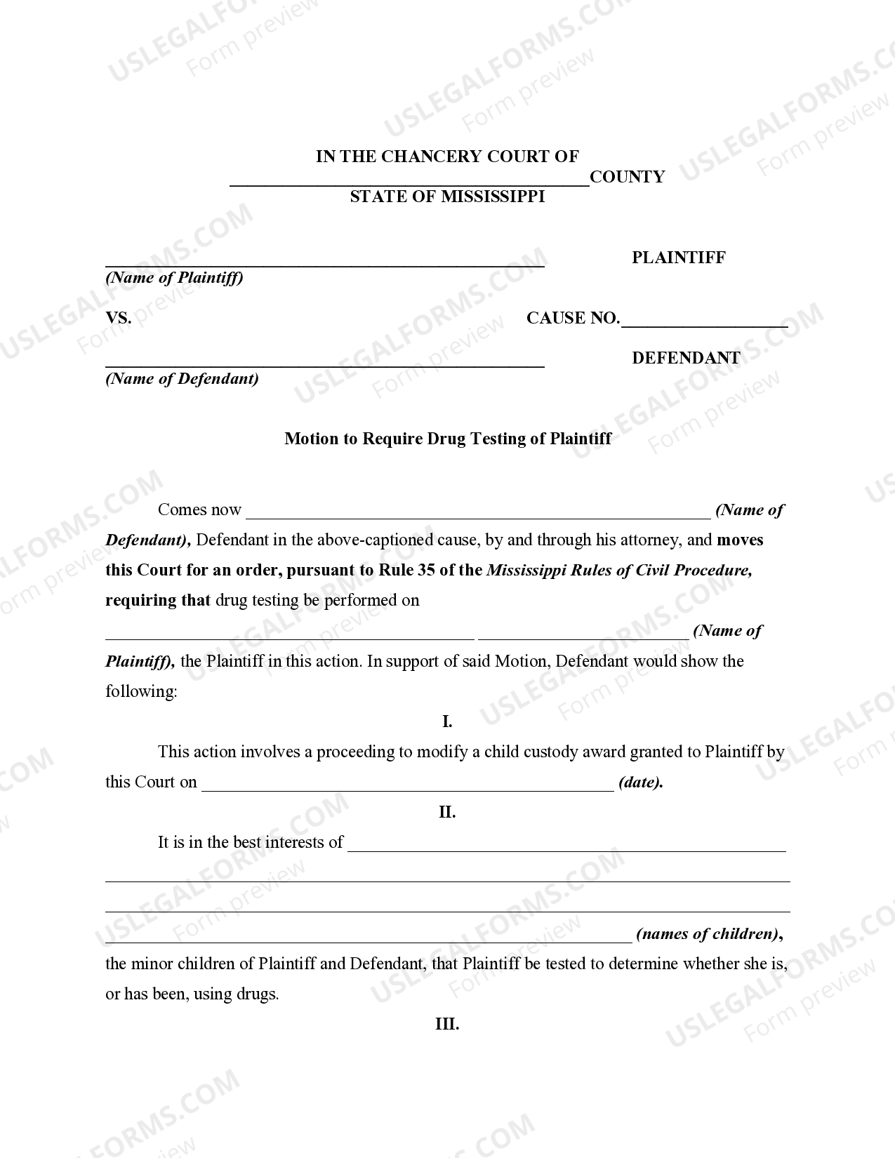Mississippi Motion to Require Drug Testing of Parent in a Proceeding to ...