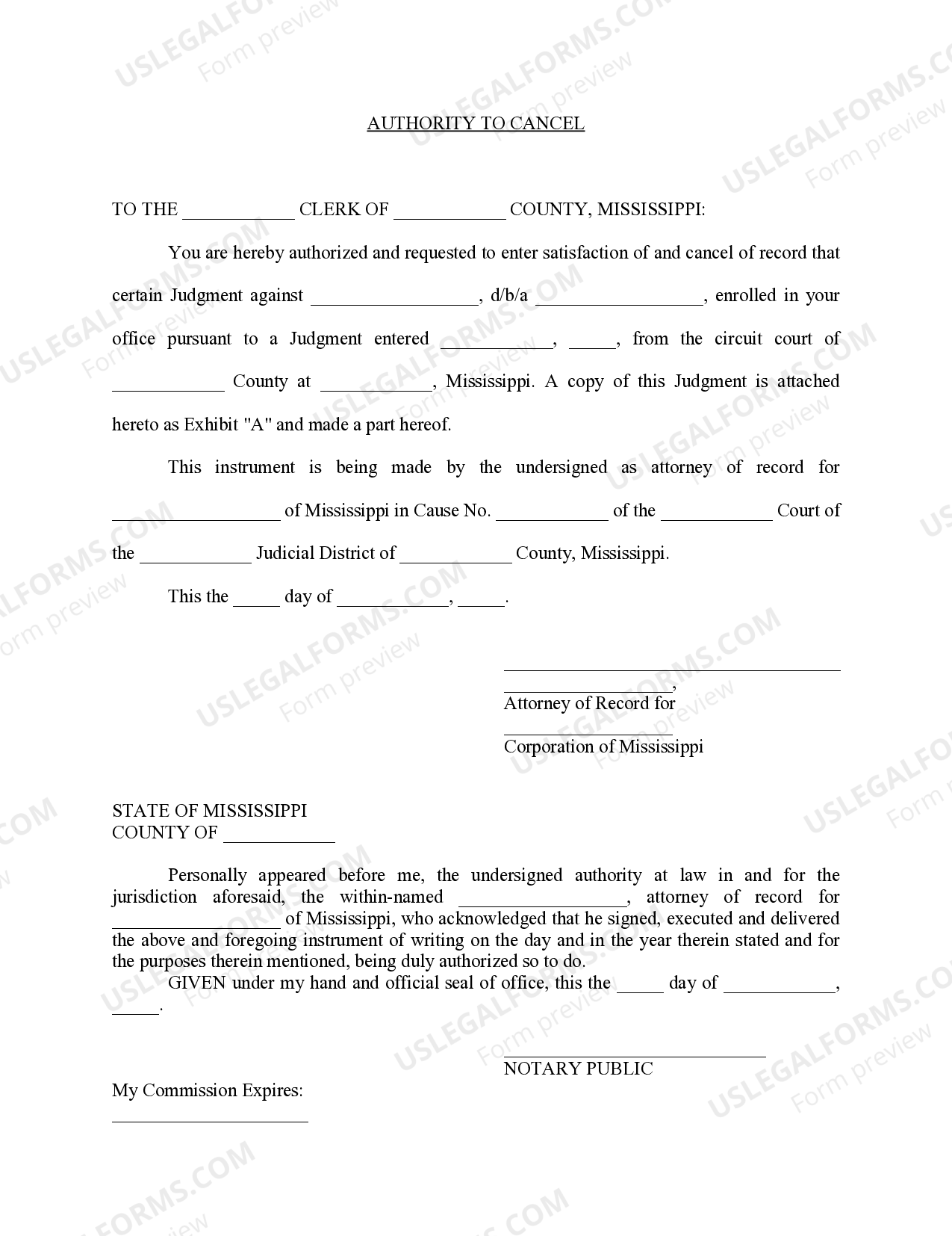 Mississippi Authority to Cancel Judgment for Corporation | US Legal Forms