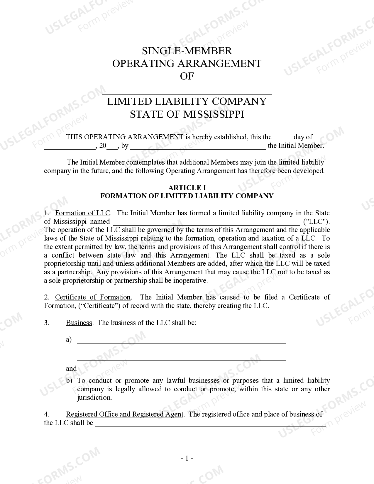 Mississippi Single Member Limited Liability Company LLC Operating ...