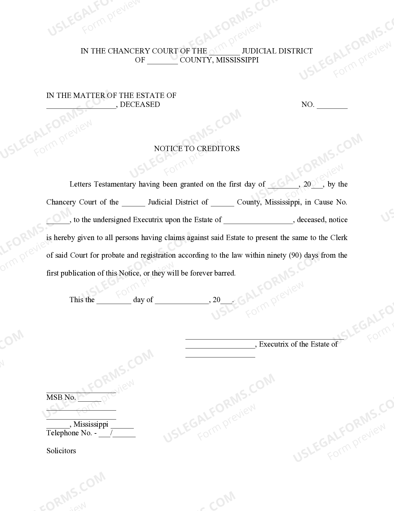 Mississippi Notice of Creditors - Notice Creditors | US Legal Forms