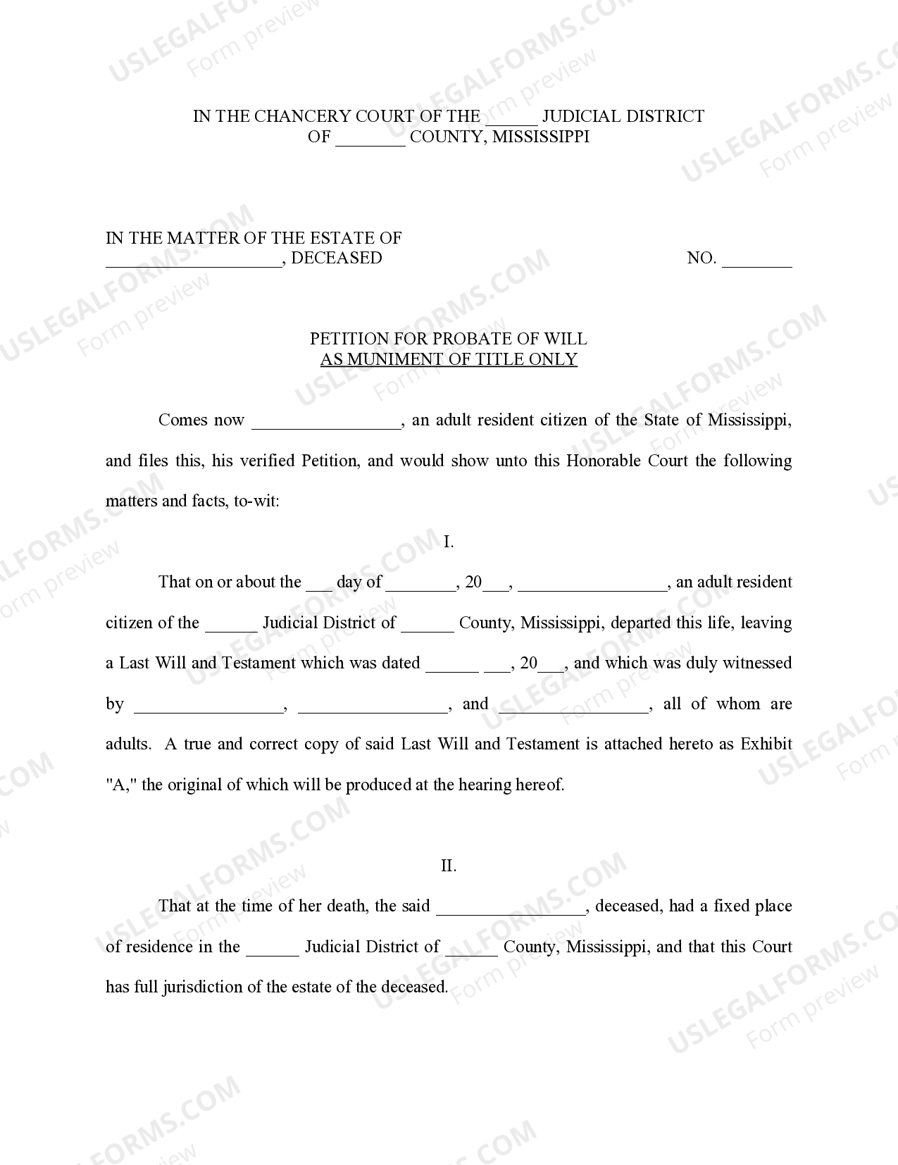 Mississippi Petition for probate of will as muniment of title only - Muniment Of Title Form ...