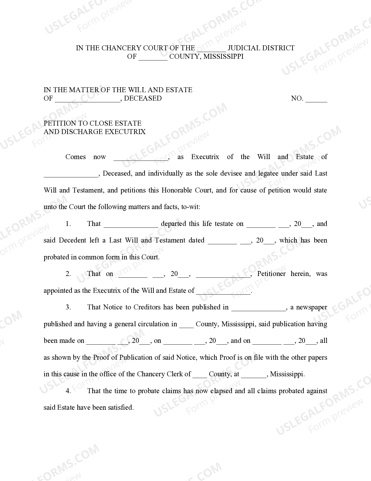 Mississippi Petition to Close Estate and Discharge Executrix - Petition ...