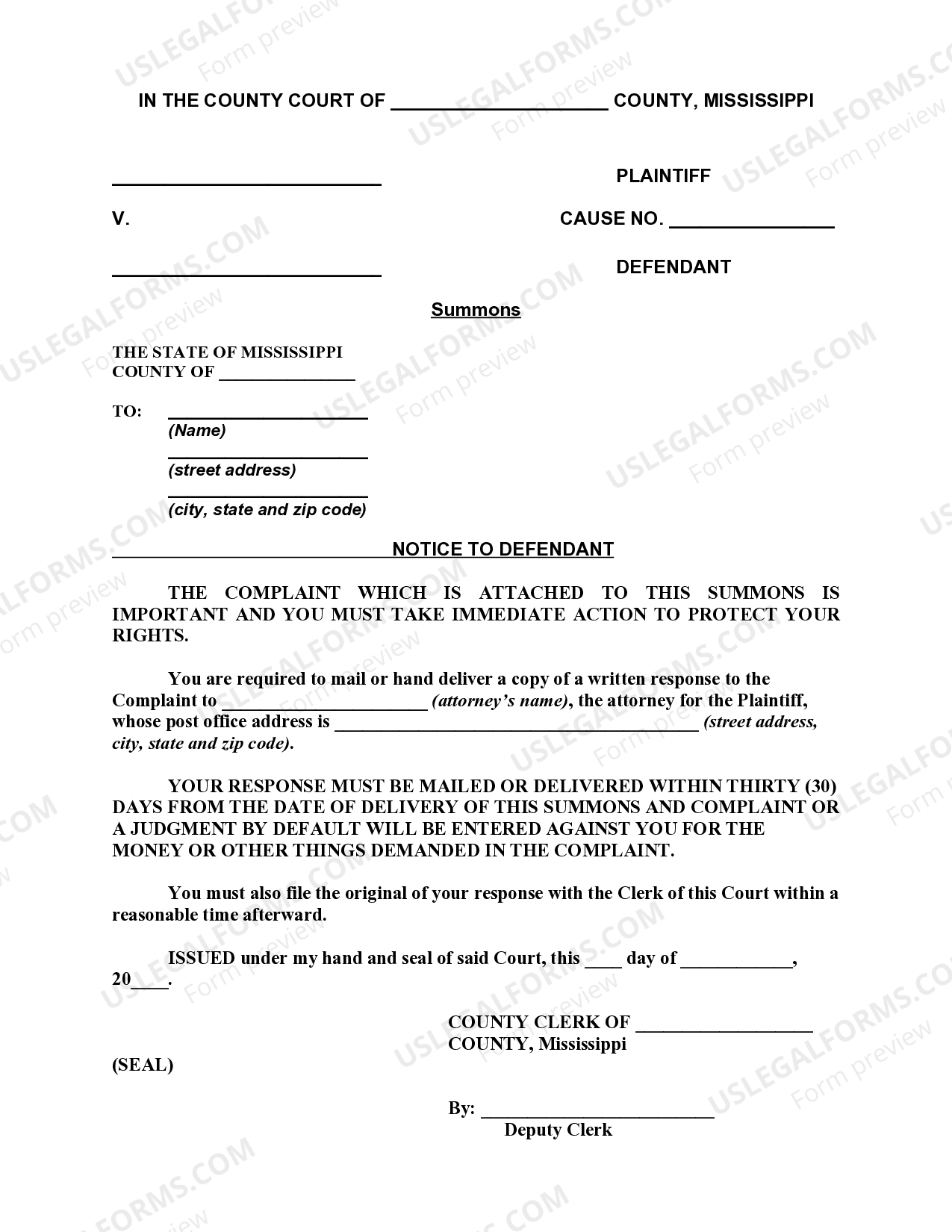 Mississippi Summons by Process Server with Process Server's Return ...