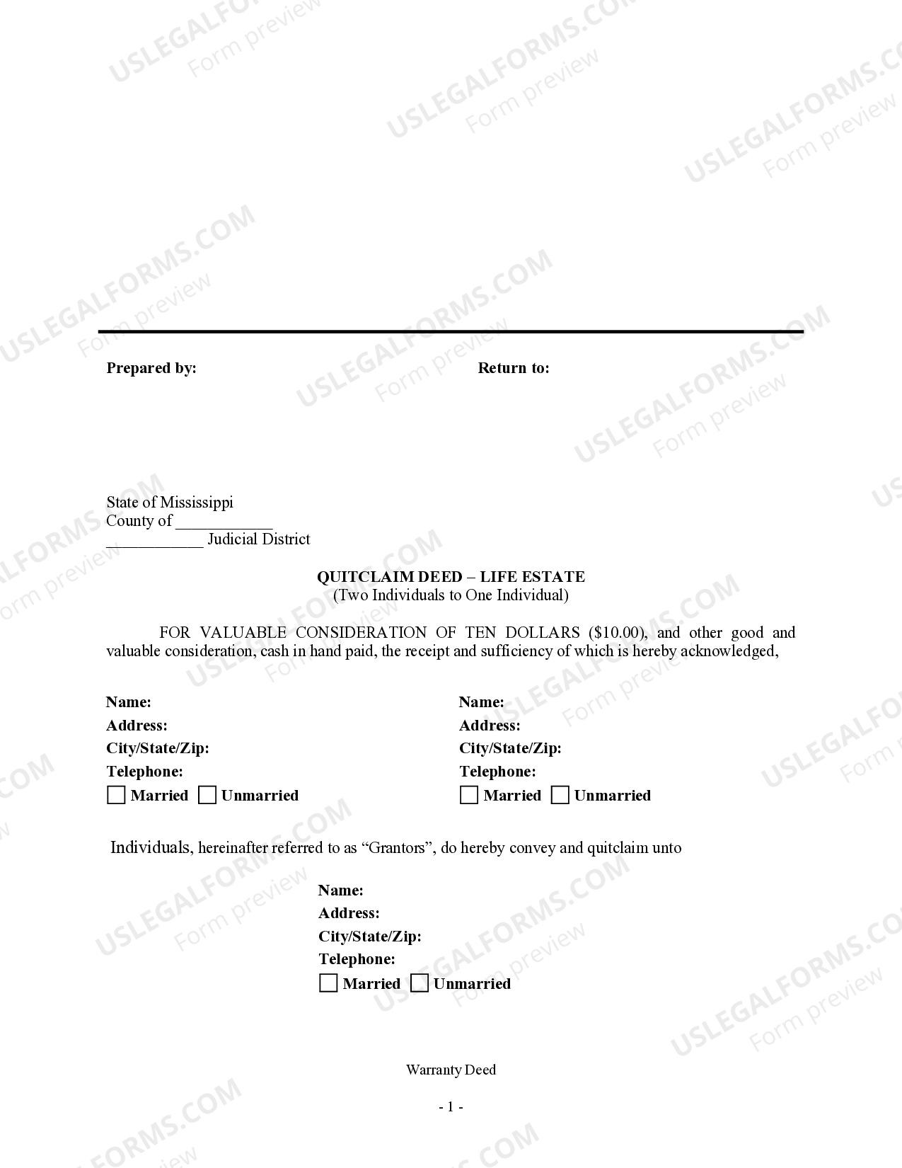 Mississippi Quitclaim Deed - Life Estate - Quitclaim Deed With Life ...