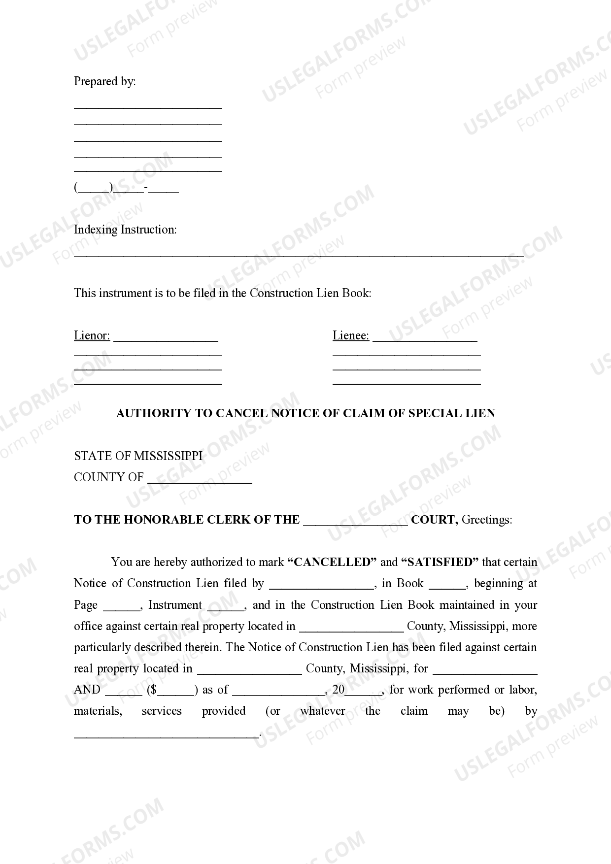 Mississippi Authority to Cancel Notice of Claim of Special Lien | US ...