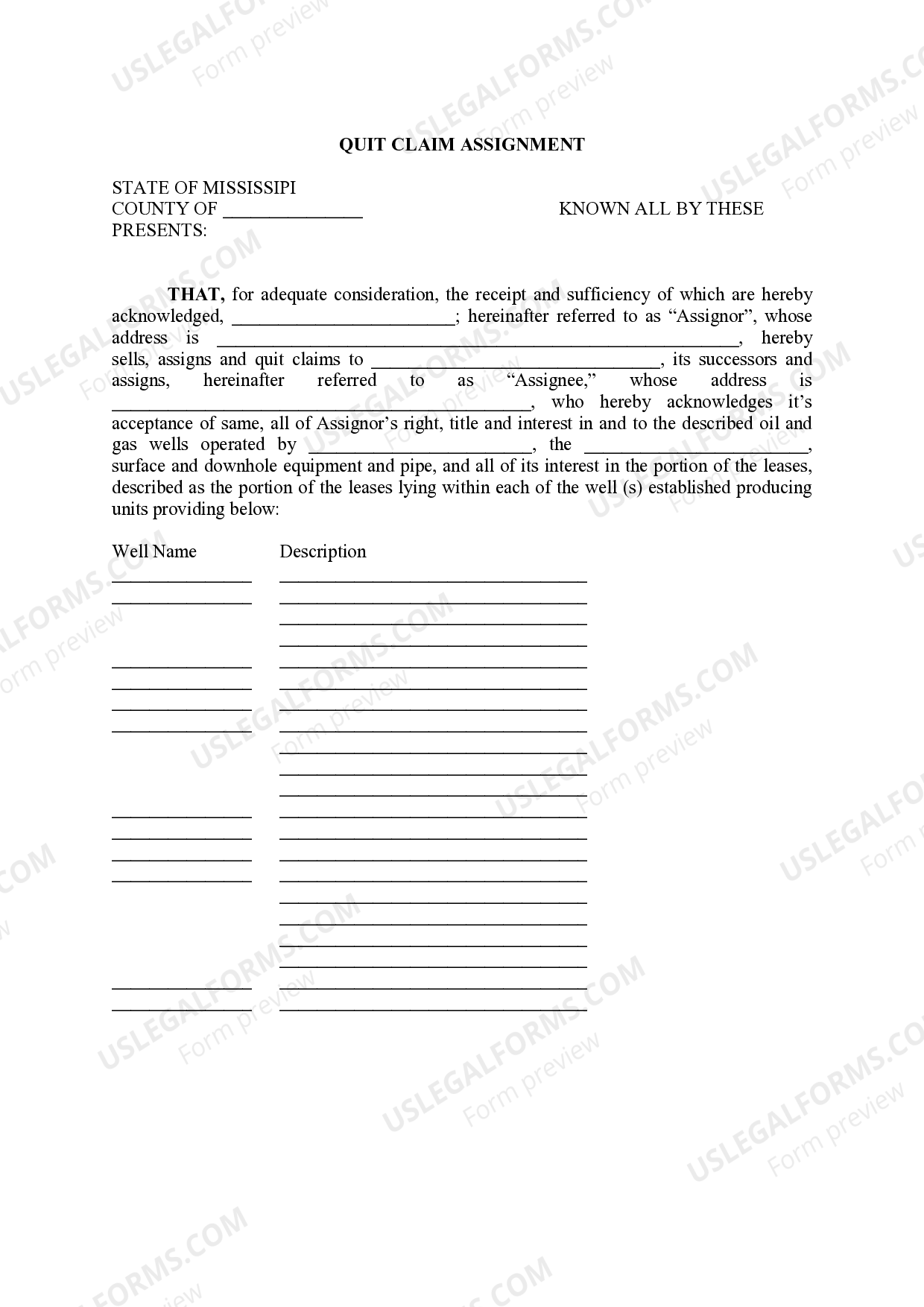 Mississippi Quit Claim Assignment | US Legal Forms