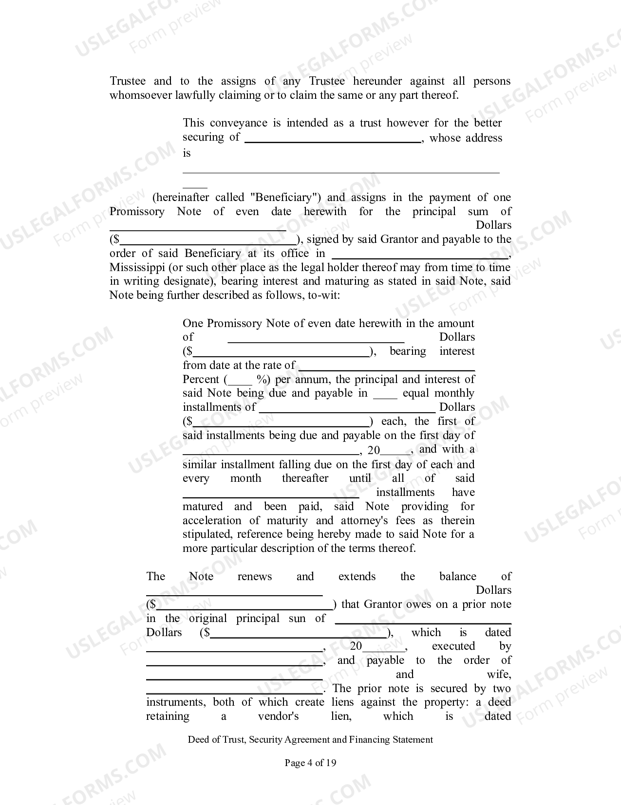 Mississippi Deed of Trust, Security Agreement and Financing Statement | US Legal Forms