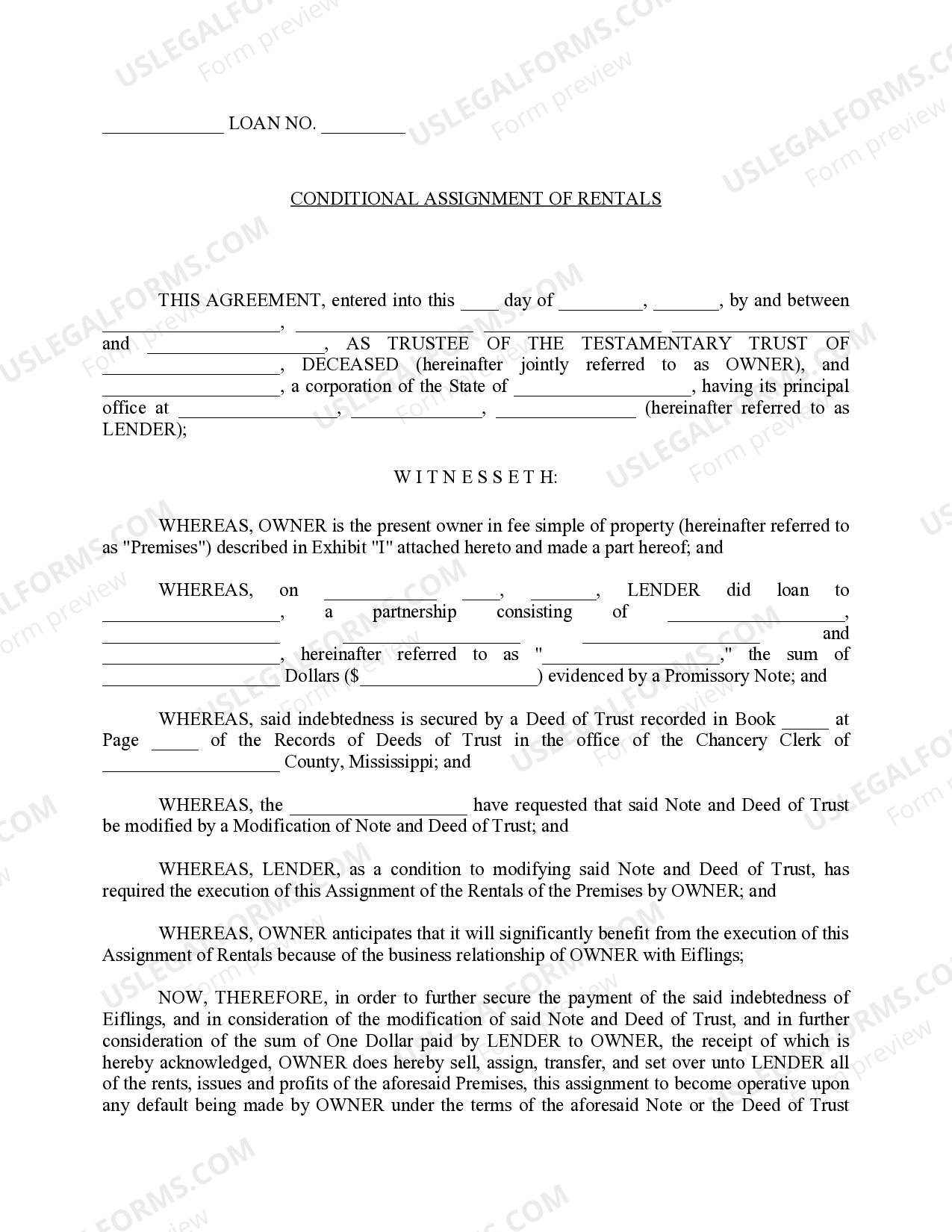Mississippi Conditional Assignment of Rentals | US Legal Forms