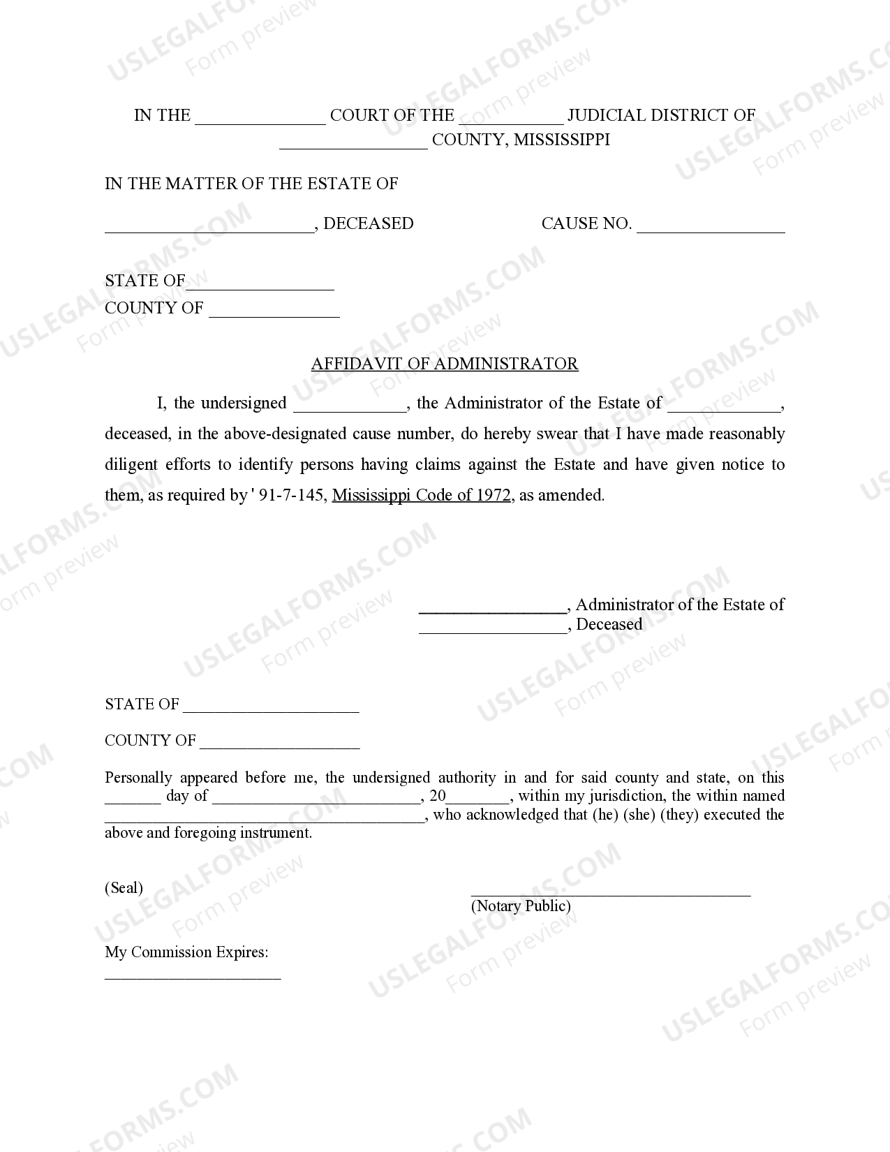 Mississippi Affidavit of Administrator regarding Attempts to Find Creditors | US Legal Forms