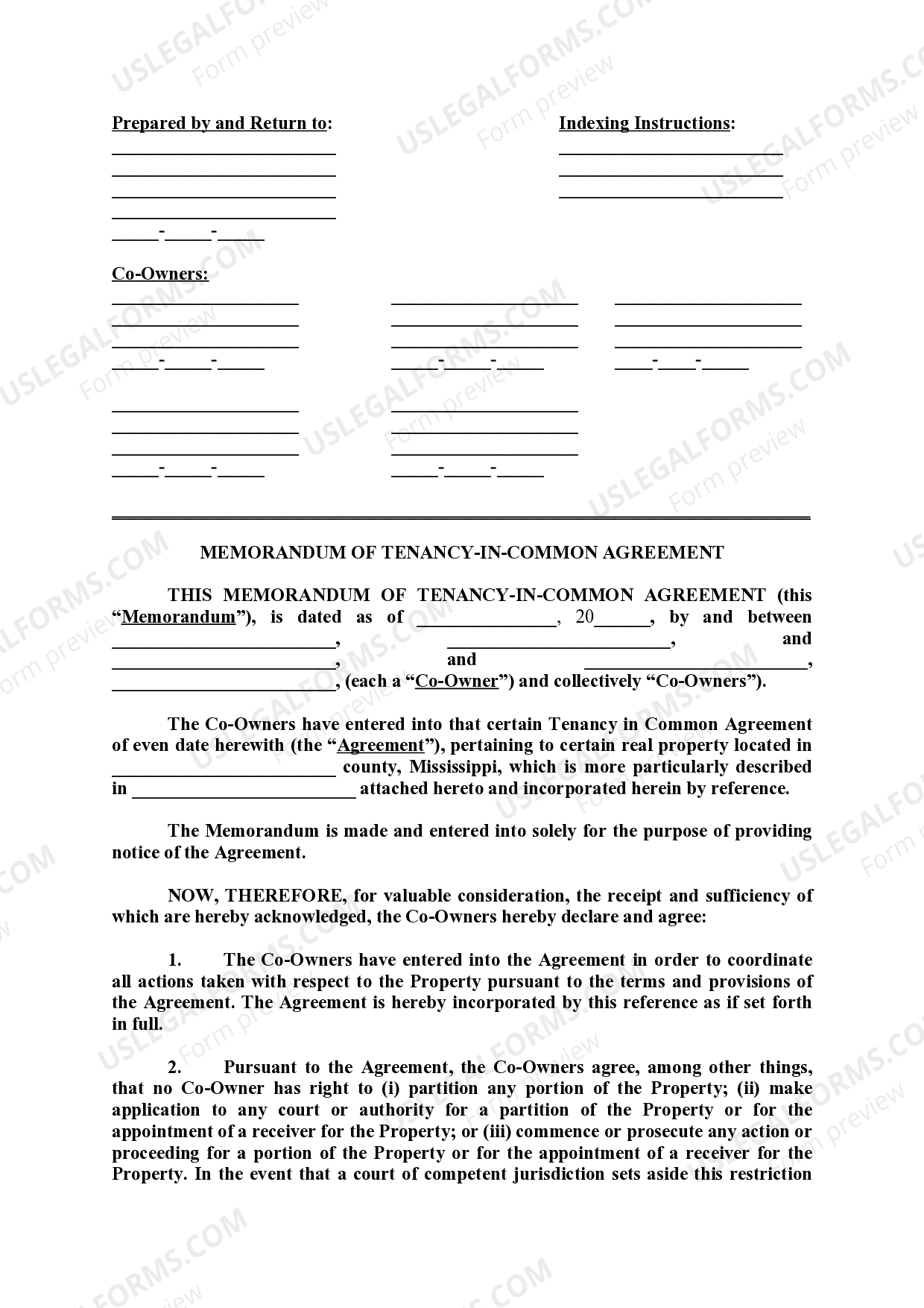 Mississippi Memorandum of Tenancy-In-Common Agreement - Memorandum Of ...