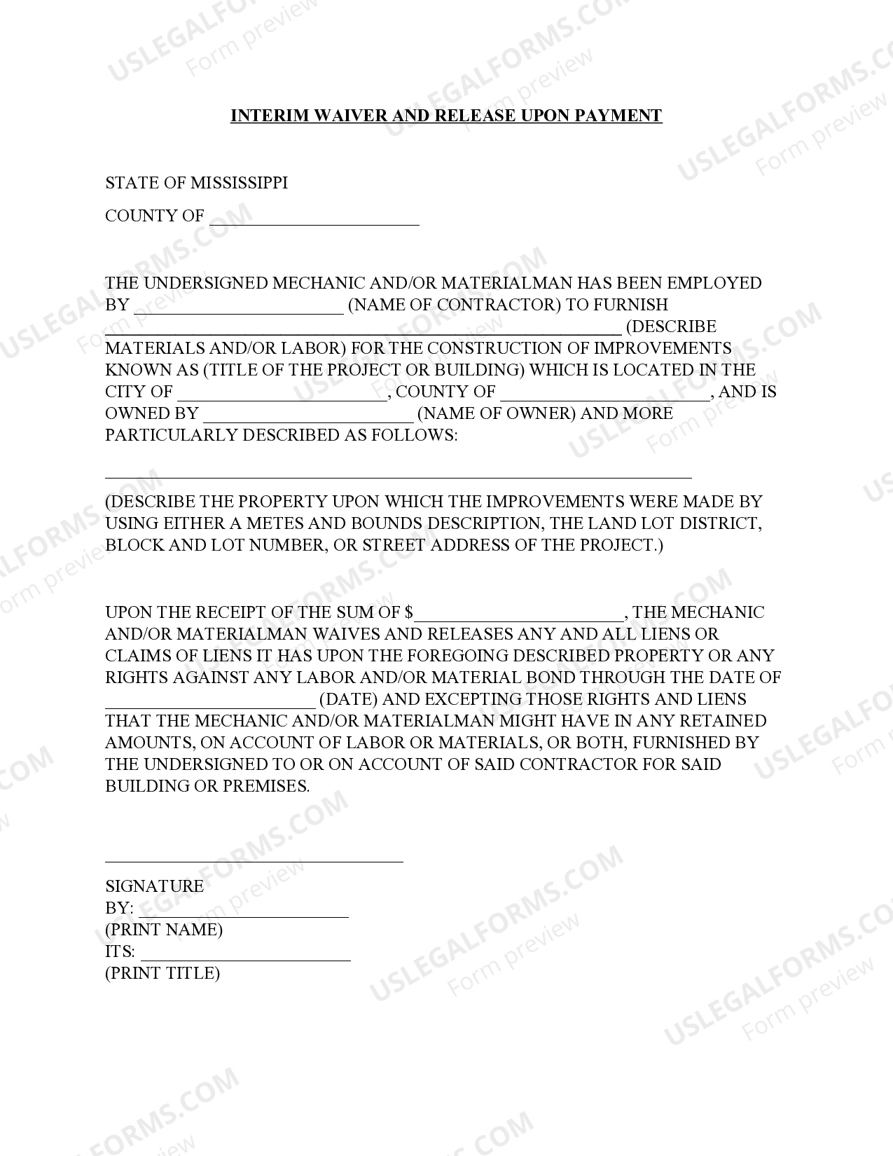 Mississippi Interim Waiver and Release Upon Payment | US Legal Forms