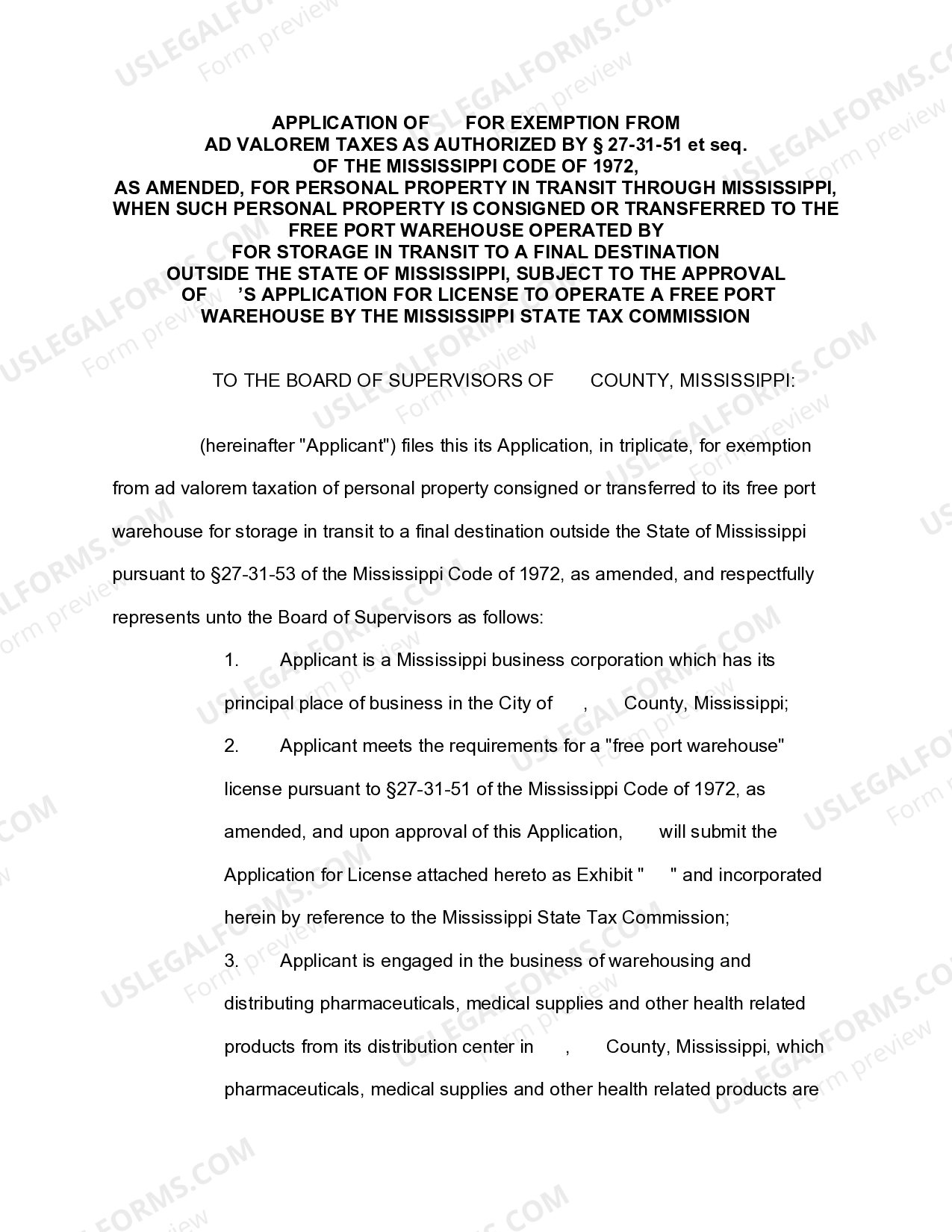 Mississippi Application for Exemption from Ad Valorem Taxes ...
