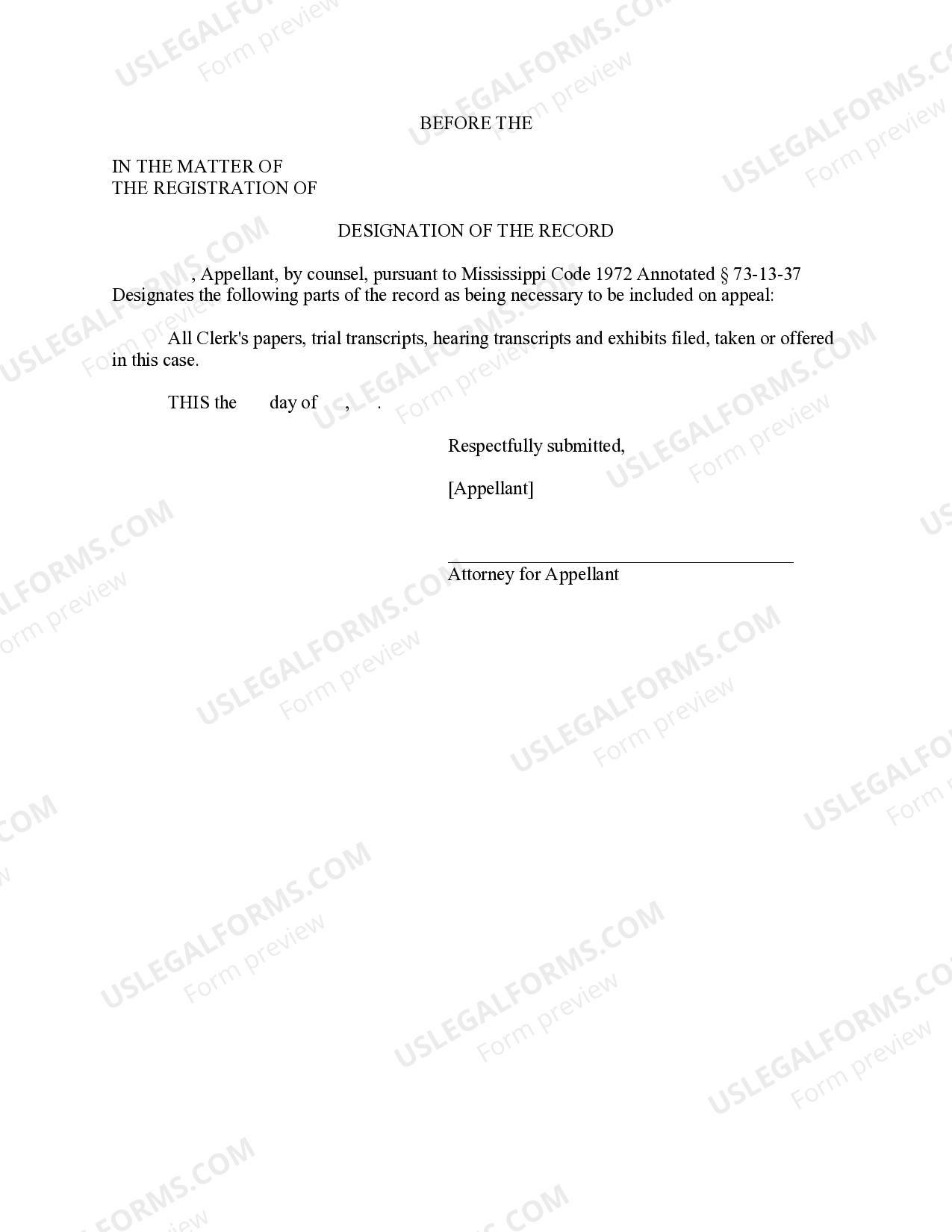 Mississippi Designation of the Record - Mississippi Form Registration ...