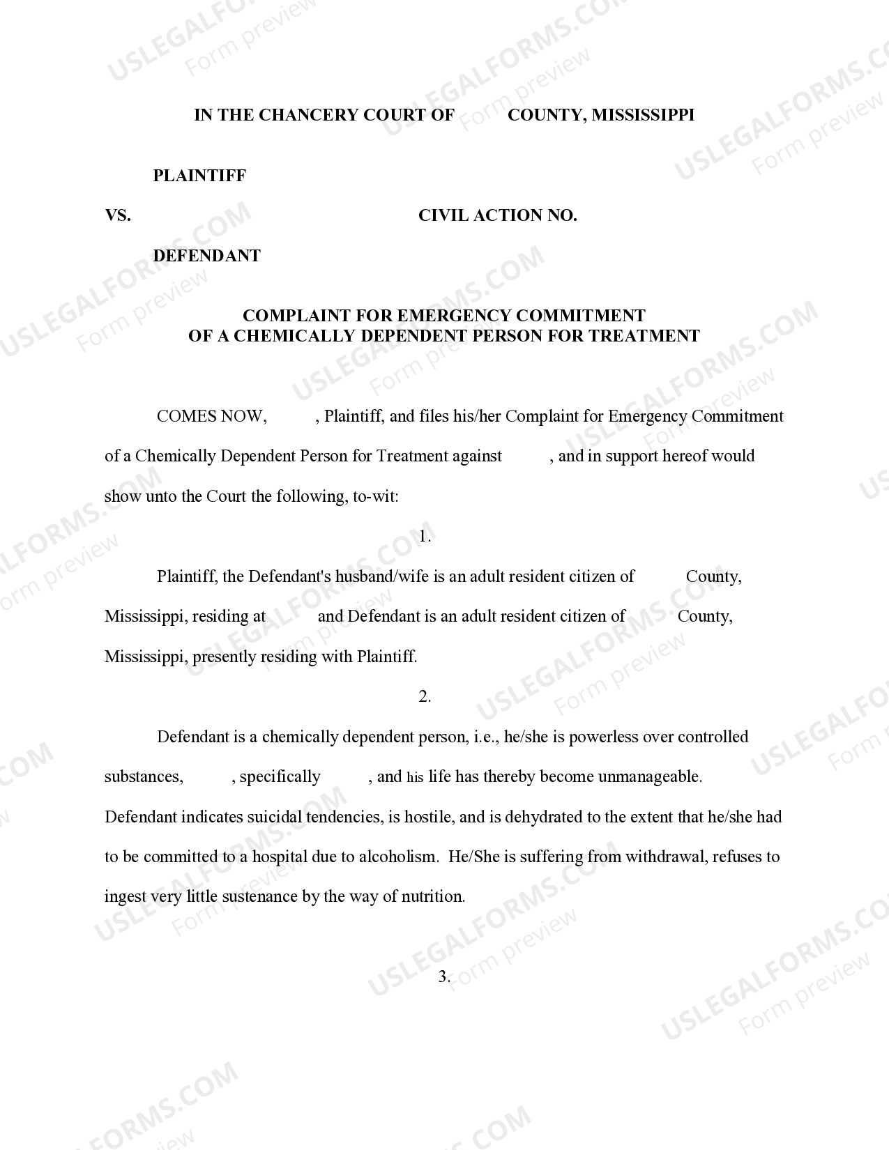 Mississippi Complaint for Emergency Commitment of a Chemically ...