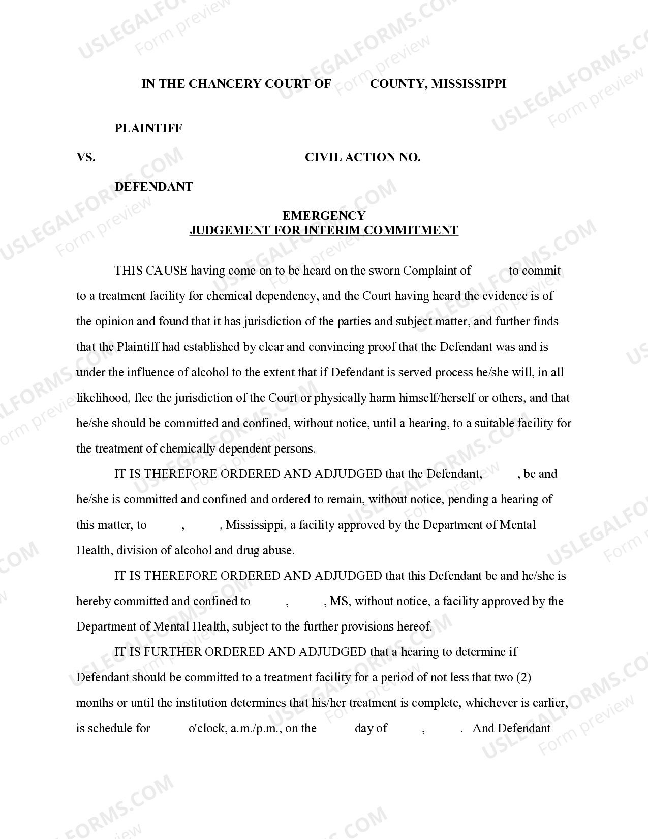 Mississippi Emergency Judgment for Interim Commitment | US Legal Forms
