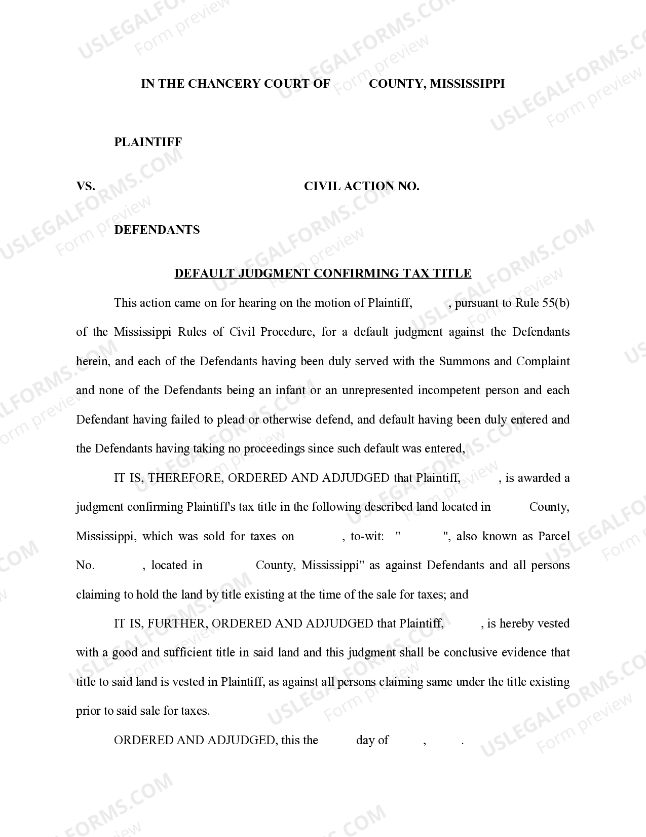 Mississippi Default Judgment Confirming Tax Title - Confirming Title | US Legal Forms