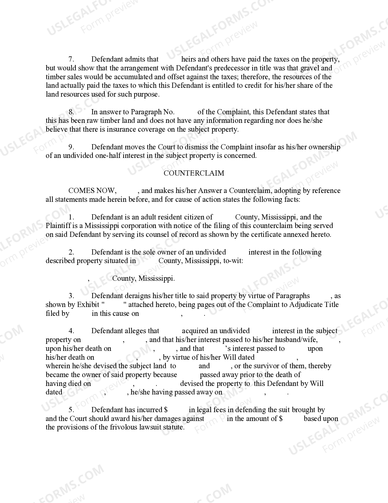 Mississippi Answer and Counterclaim to Confirm Title | US Legal Forms