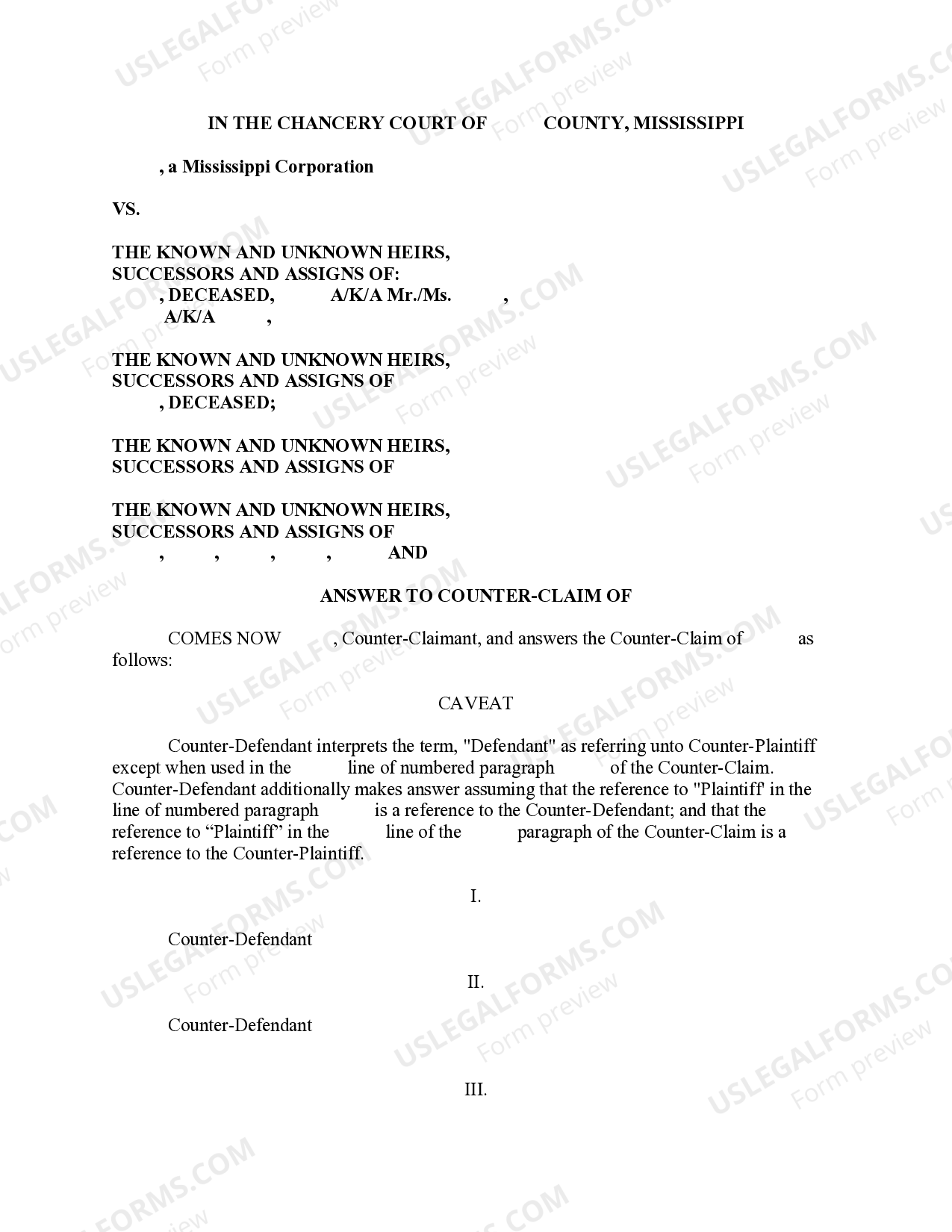 Mississippi Answer to Counterclaim | US Legal Forms