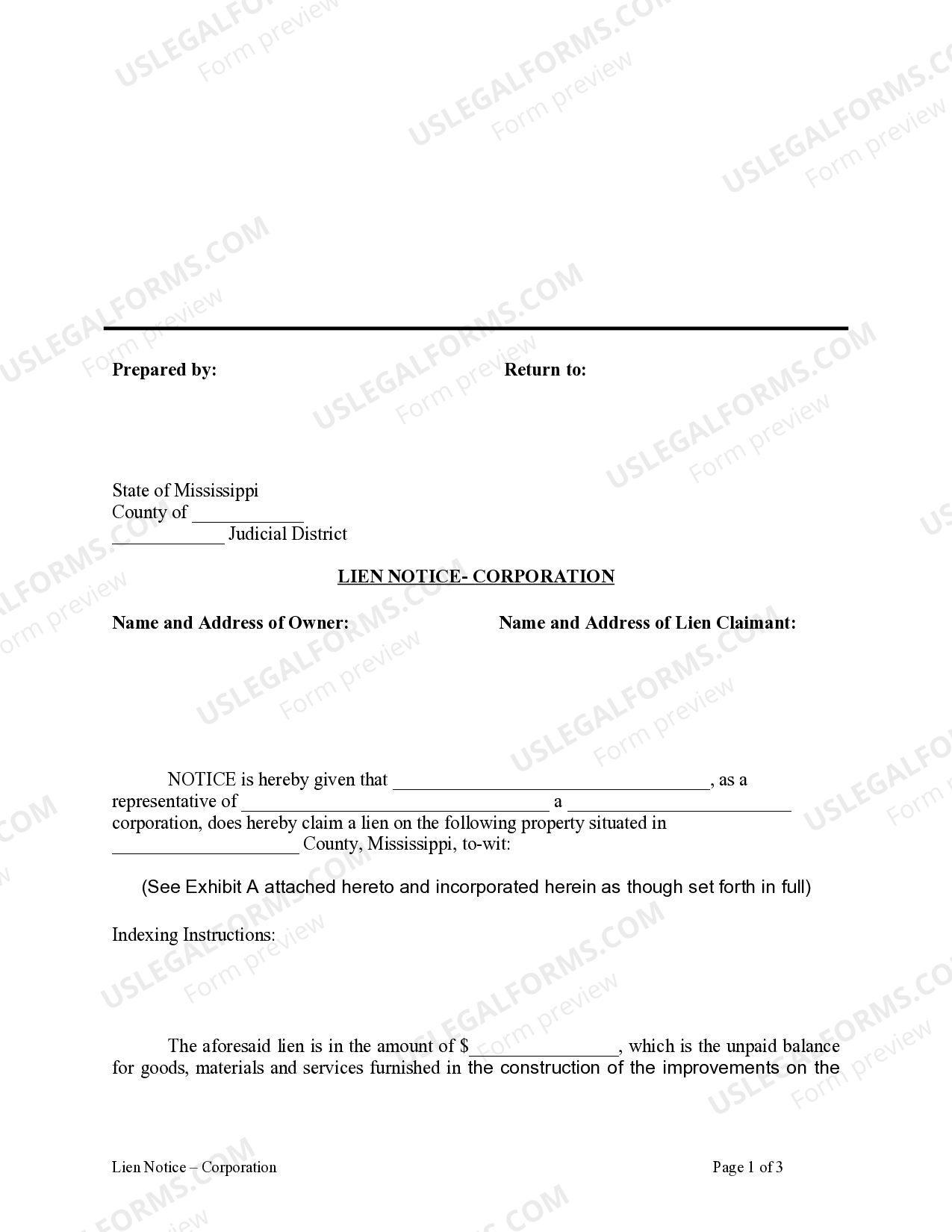 Mississippi Lien Notice - 85-7-131 - Corporation | US Legal Forms