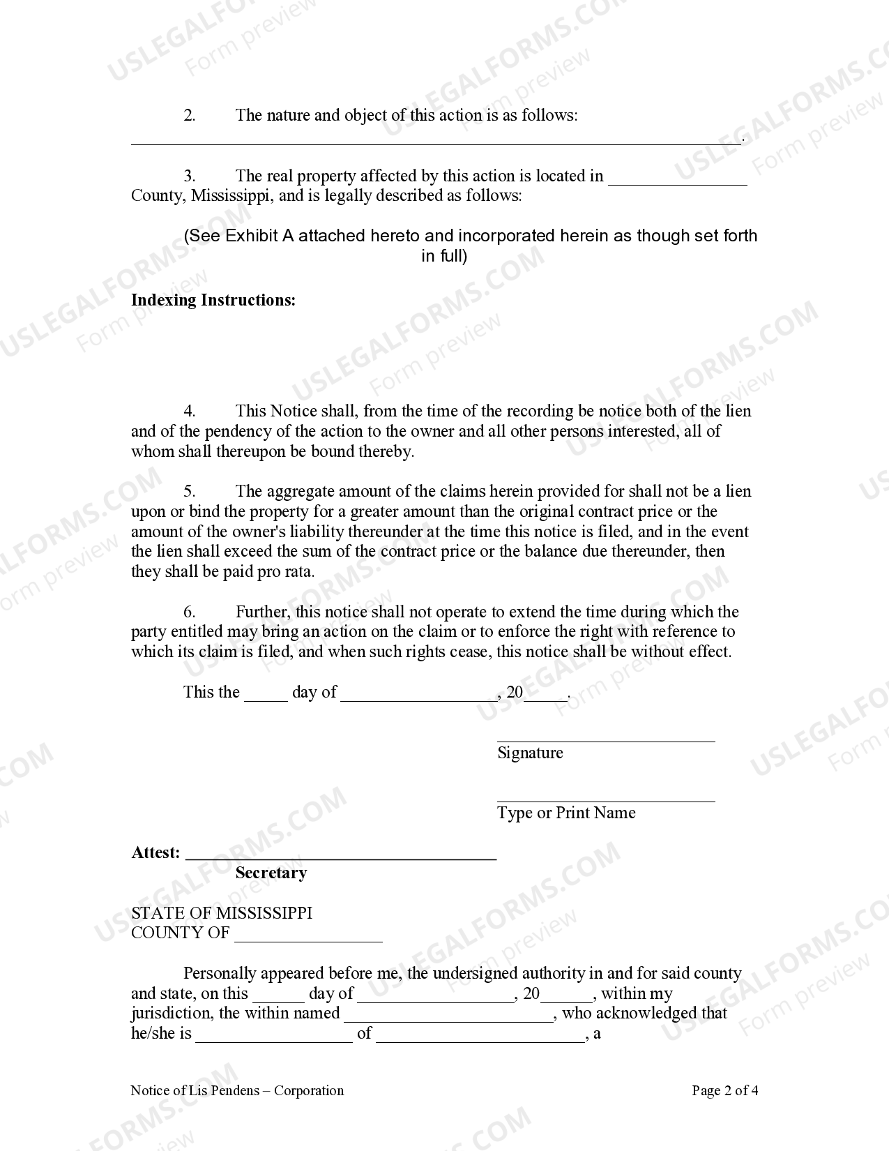 Mississippi Notice of Lis Pendens - Corporation or LLC - Lien Construction | US Legal Forms