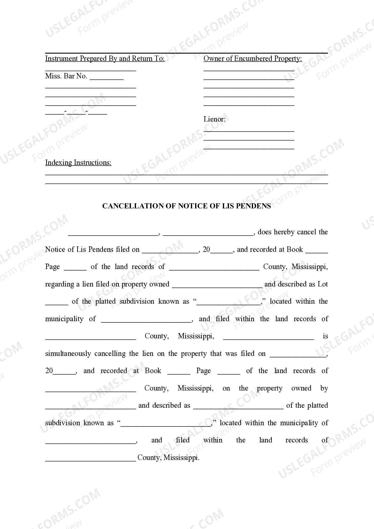 Mississippi Cancellation of Notice of Lis Pendens - Lis Pendens Mississippi | US Legal Forms