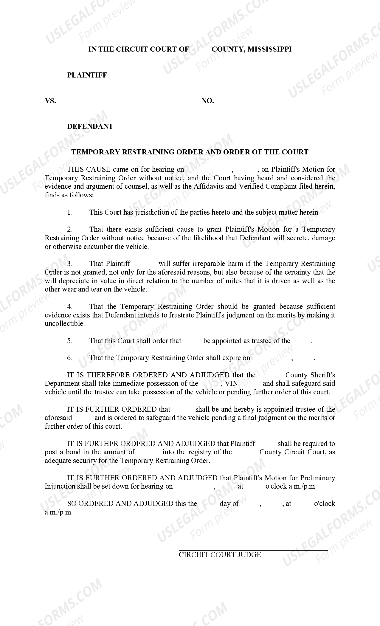 Mississippi Temporary Restraining Order and Order of the Court ...