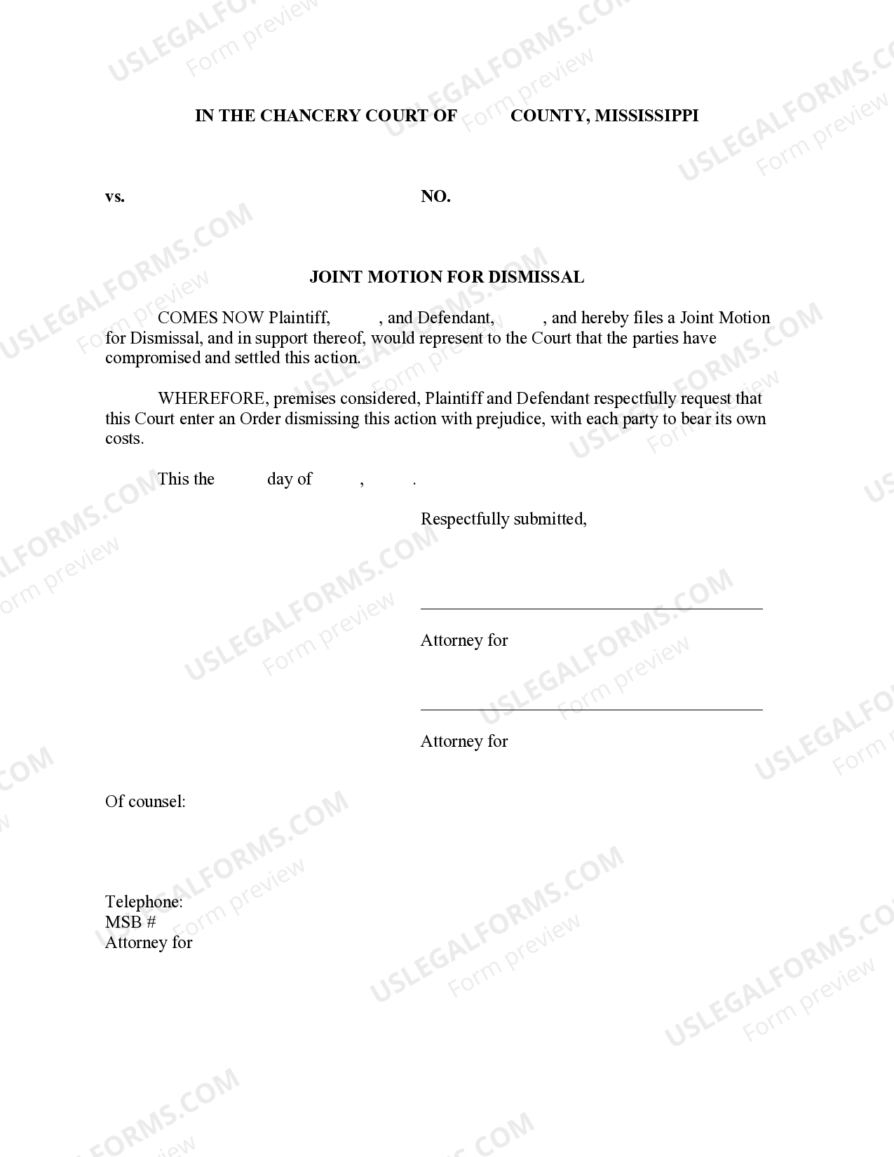 Mississippi Joint Motion for Dismissal | US Legal Forms