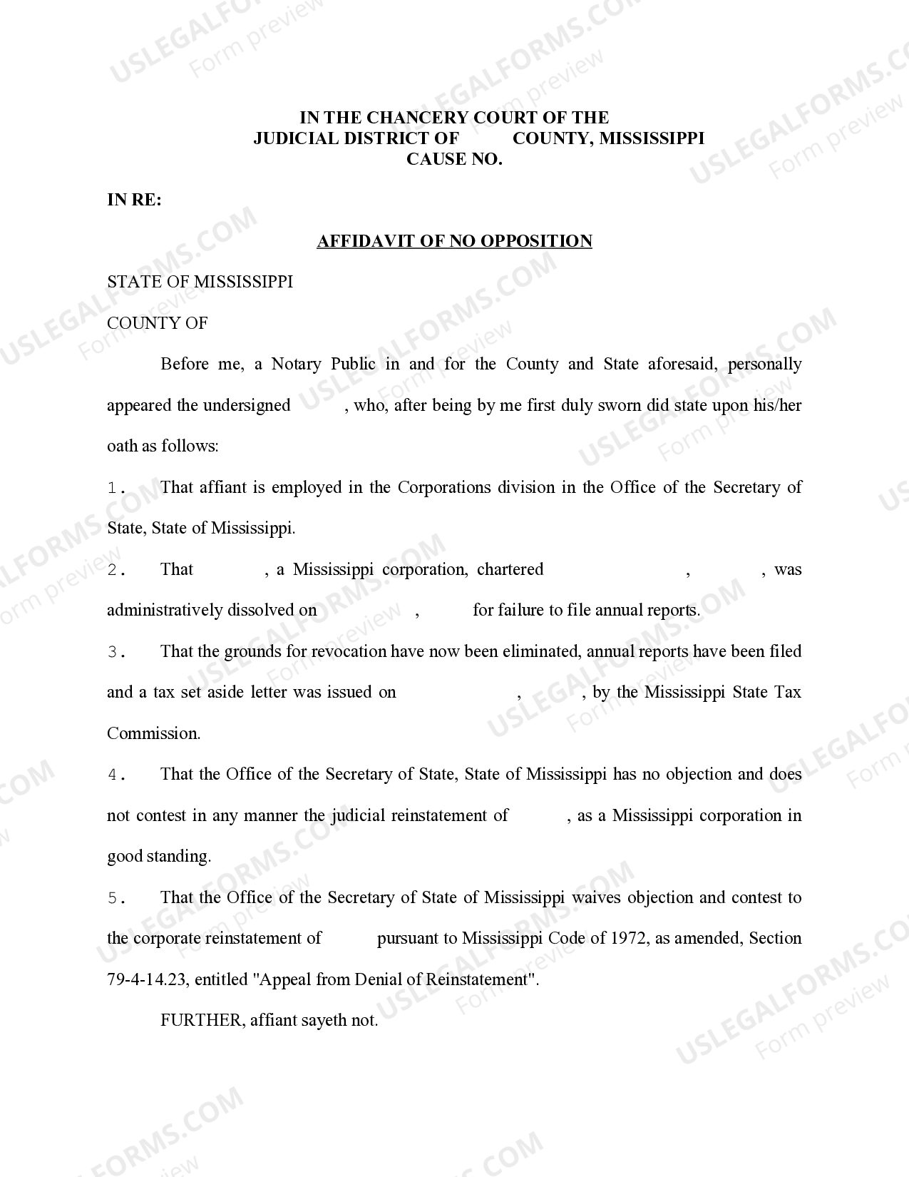 Mississippi Affidavit of No Opposition to Reinstatement | US Legal Forms