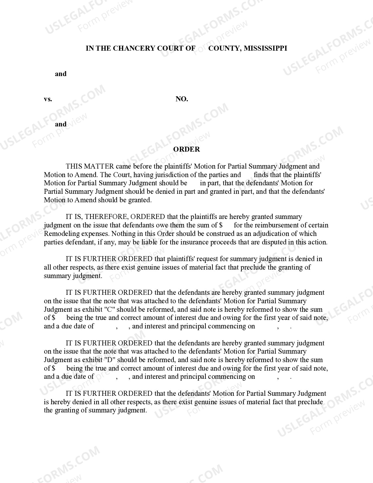 Mississippi Order on Motion for Partial Summary Judgment | US Legal Forms