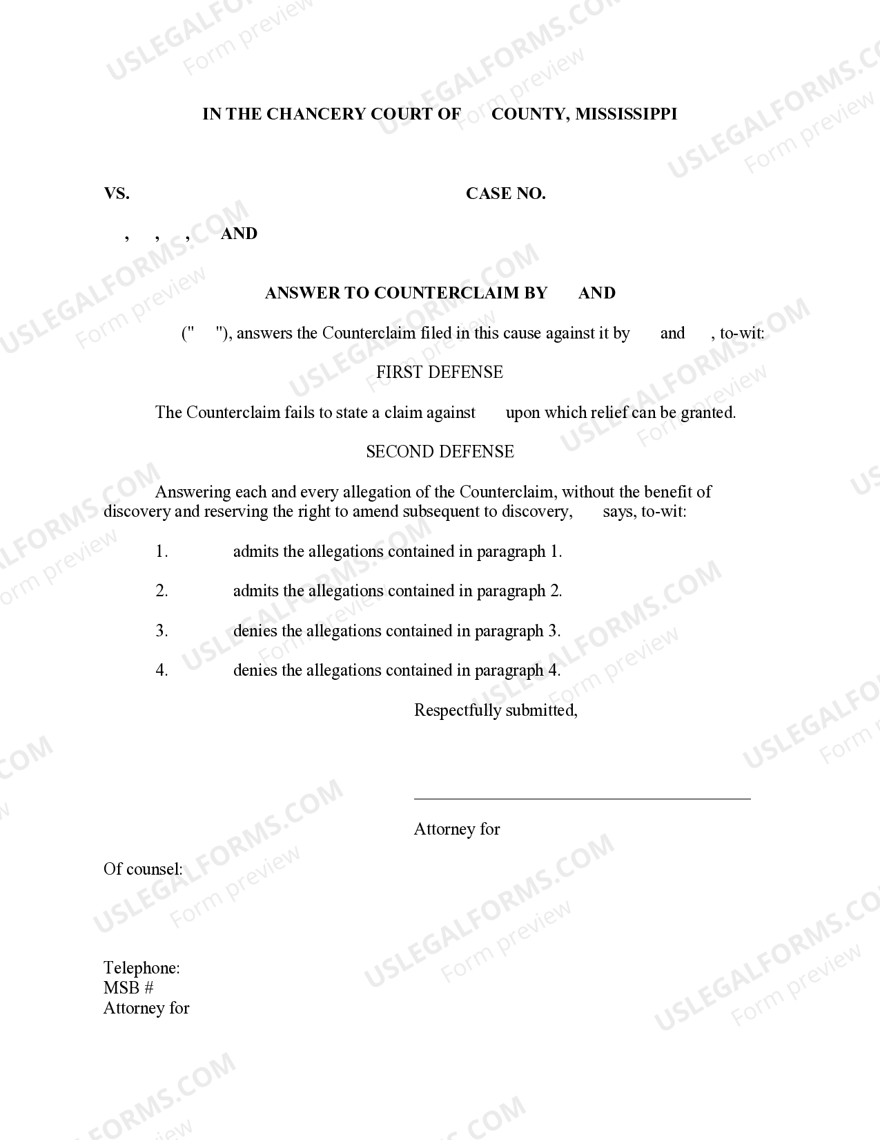 Mississippi Answer to Counterclaim - Ms Counterclaim | US Legal Forms
