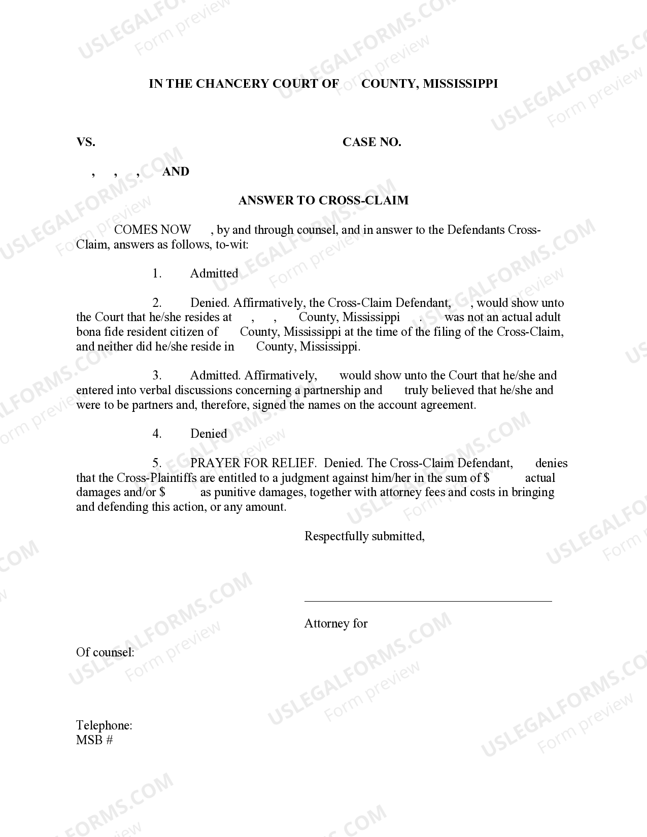 Mississippi Answer to Crossclaim | US Legal Forms
