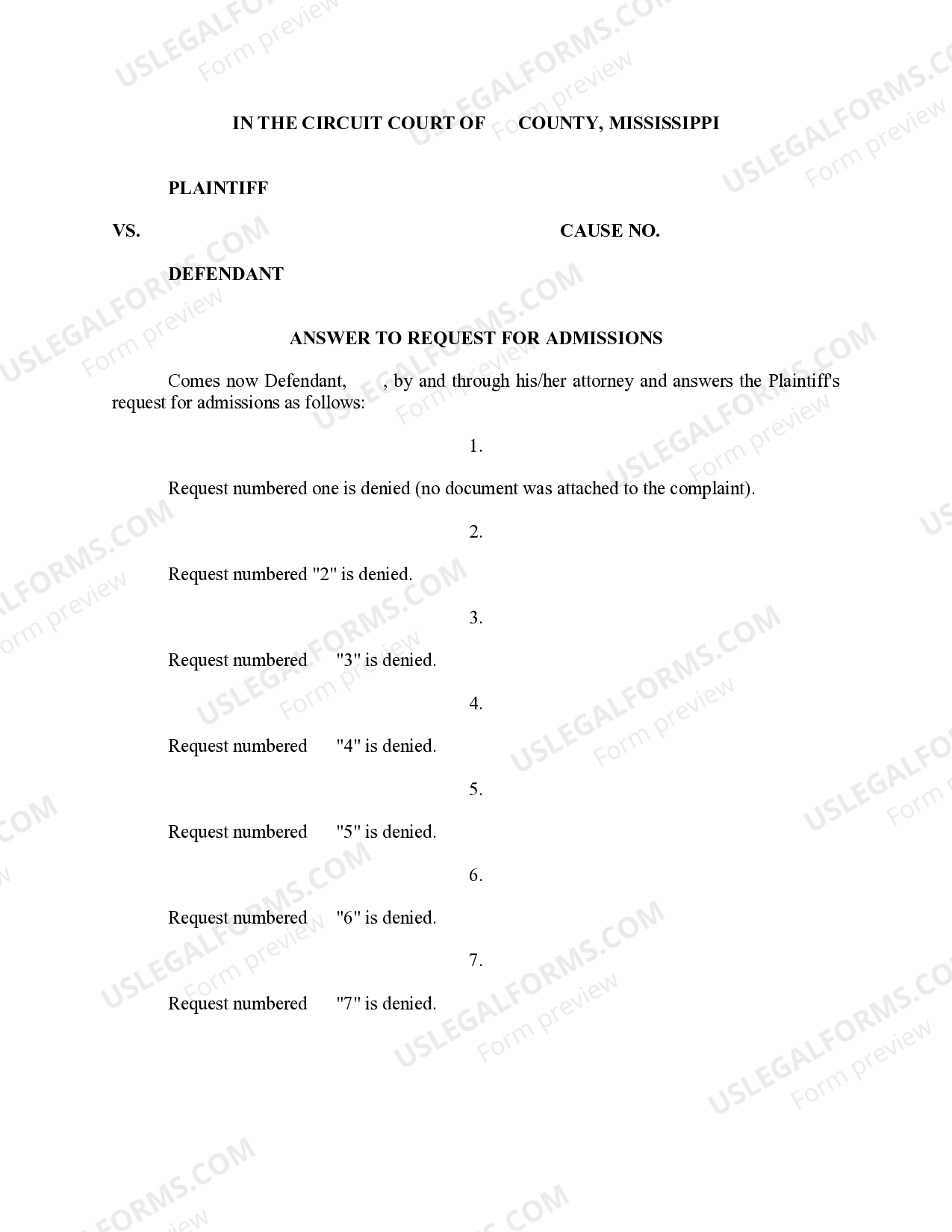 Mississippi Answer to Request for Admissions | US Legal Forms