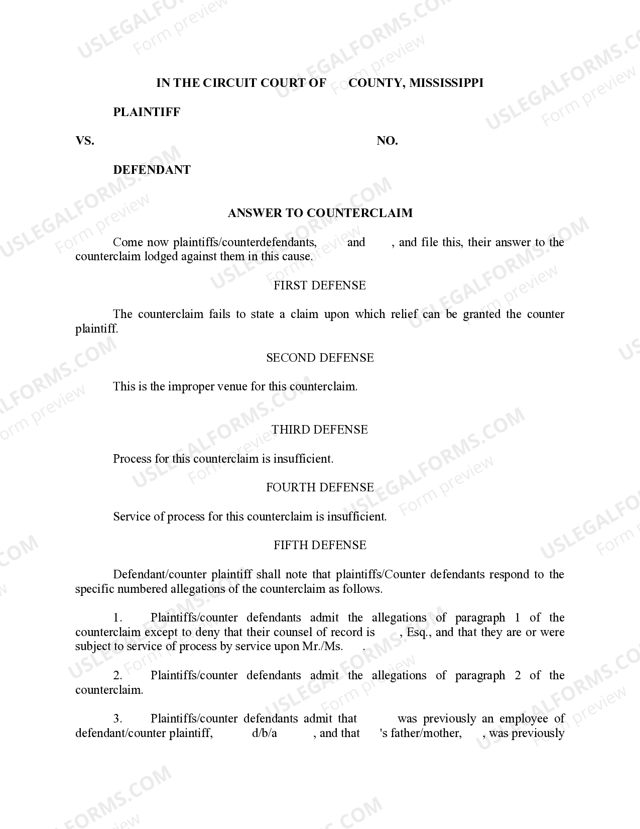 Mississippi Answer to Counterclaim | US Legal Forms