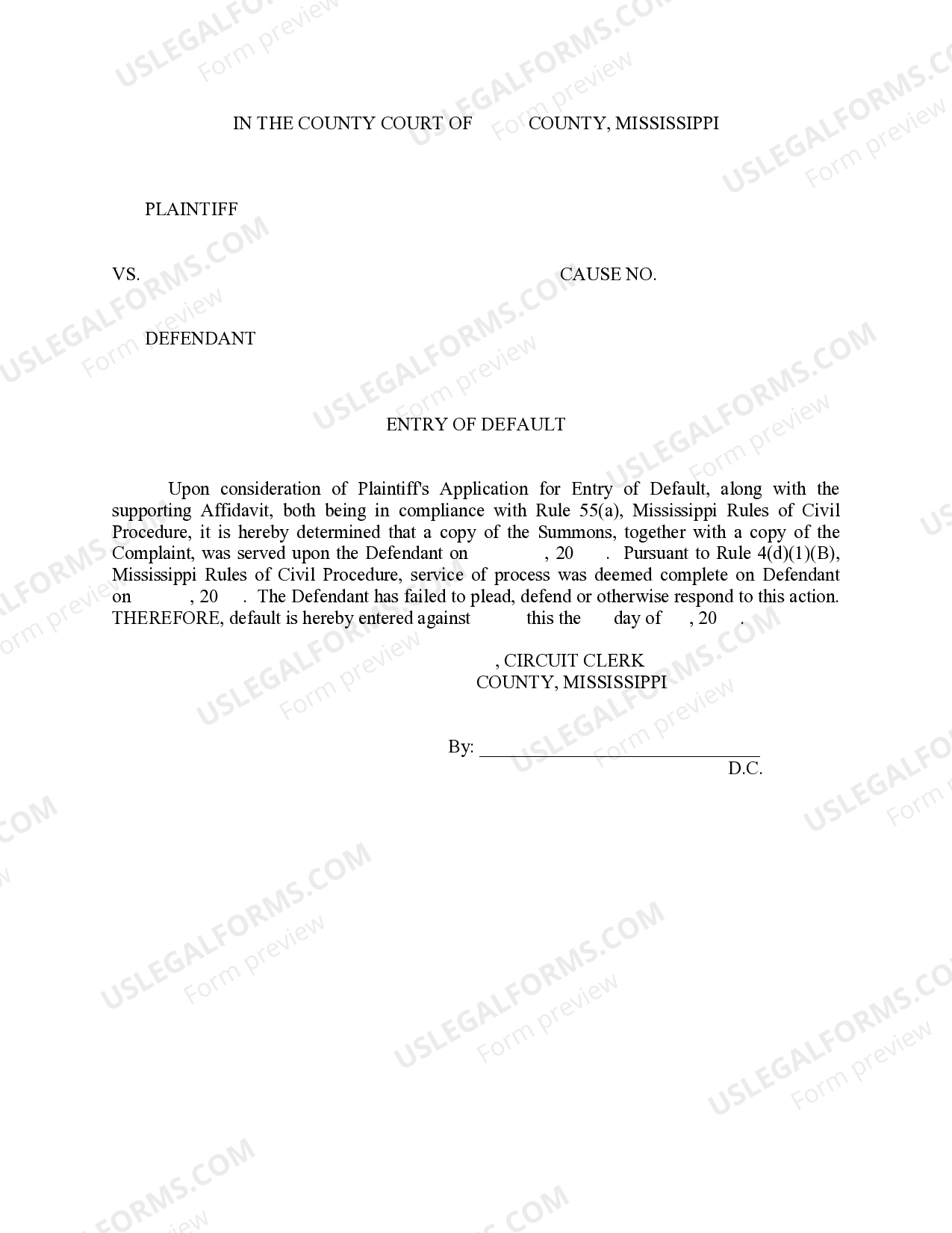 Mississippi Application for Entry of Default - Affidavit - Motion ...