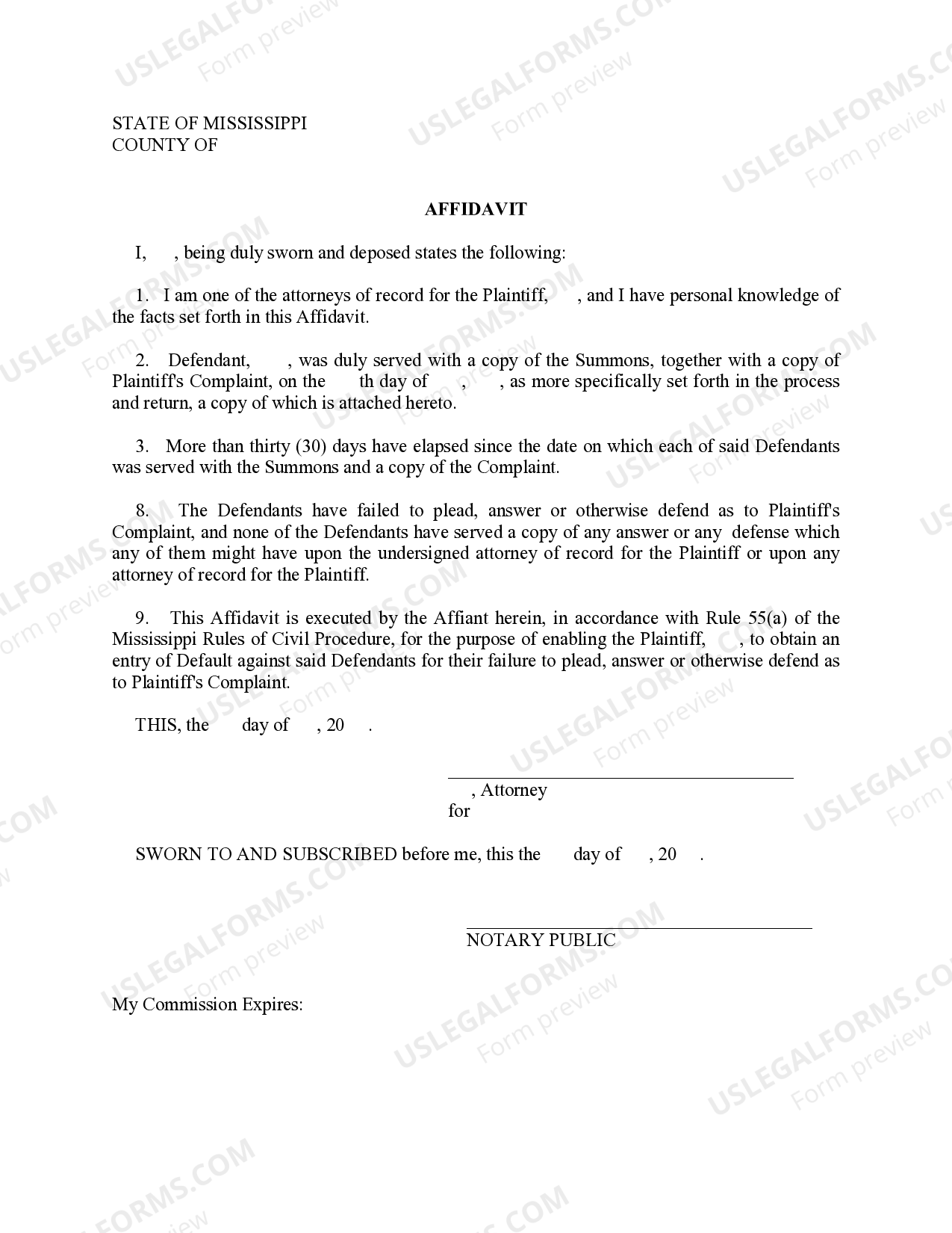 Mississippi Affidavit for Entry of Default | US Legal Forms