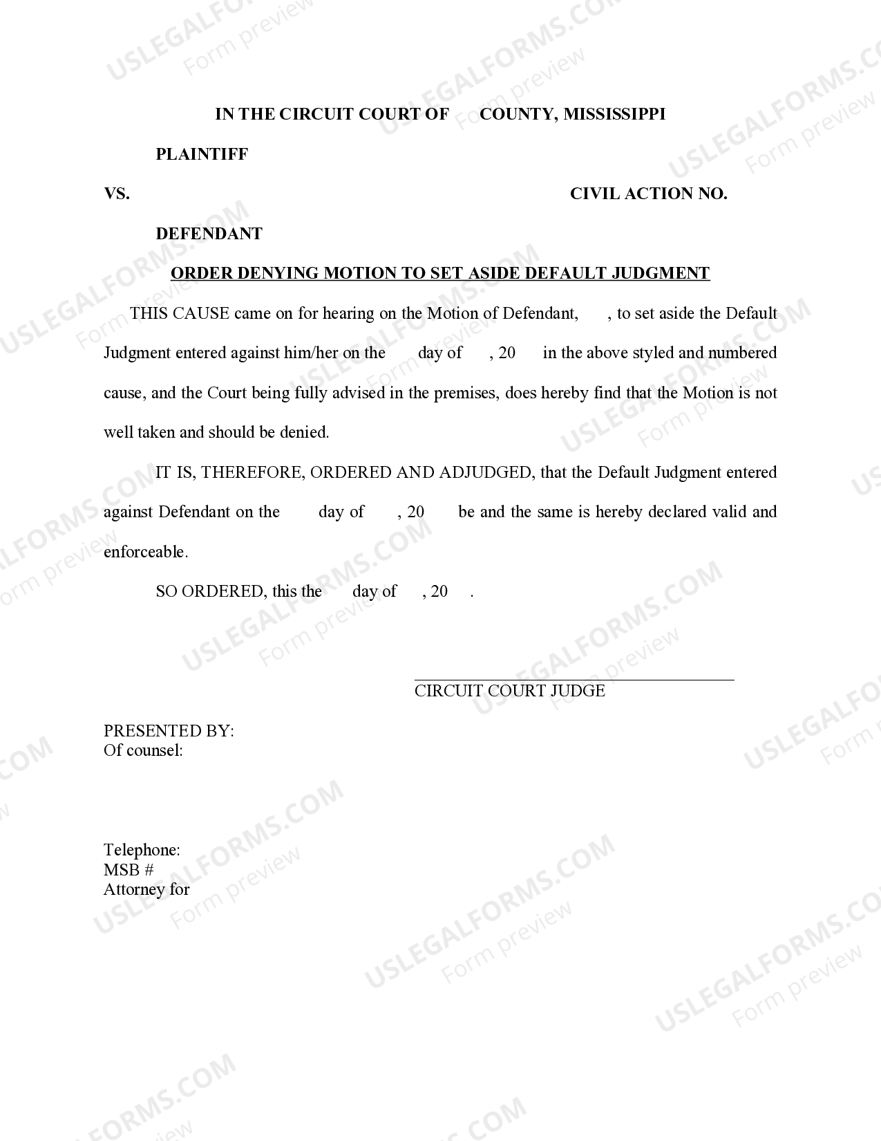 Mississippi Order Denying Motion to Set Aside Default Judgment ...