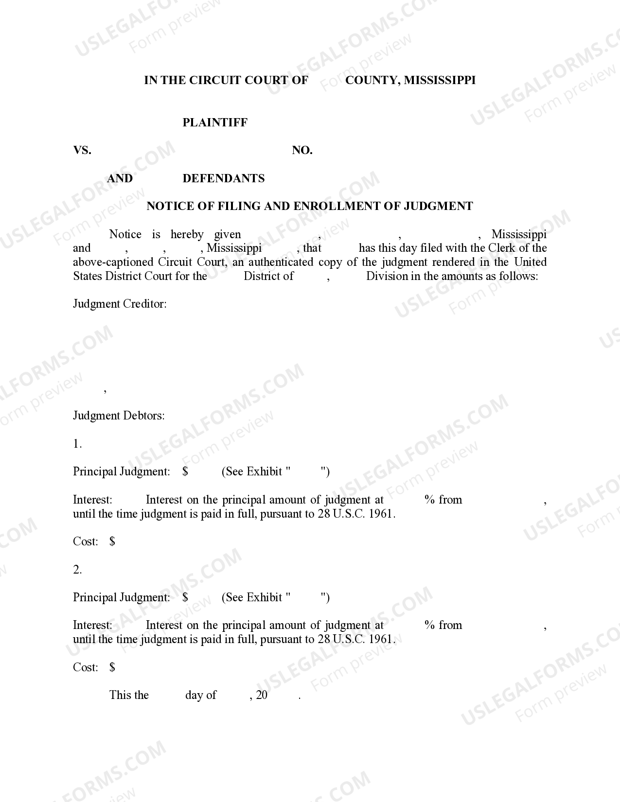 Mississippi Notice Of Filing And Enrollment Of Judgment - Mississippi ...