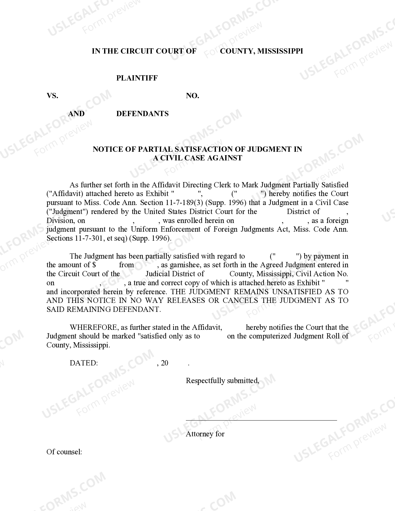 Mississippi Notice Of Partial Satisfaction Of Judgment In A Civil Case ...