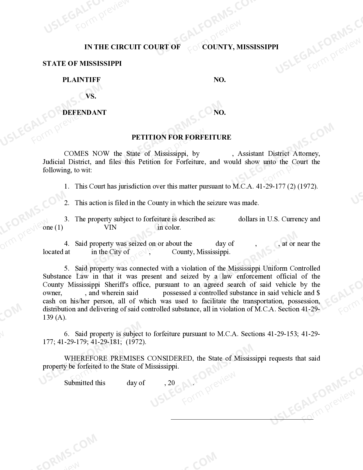 Mississippi Petition for Forfeiture | US Legal Forms