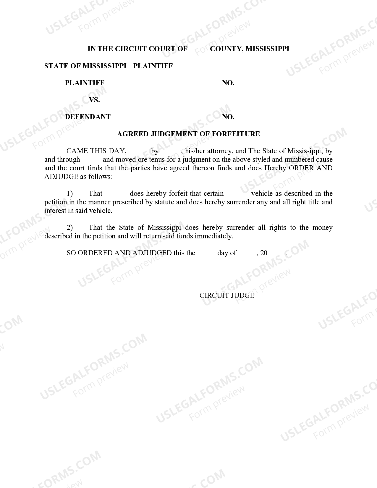 Mississippi Agreed Order of Forfeiture | US Legal Forms