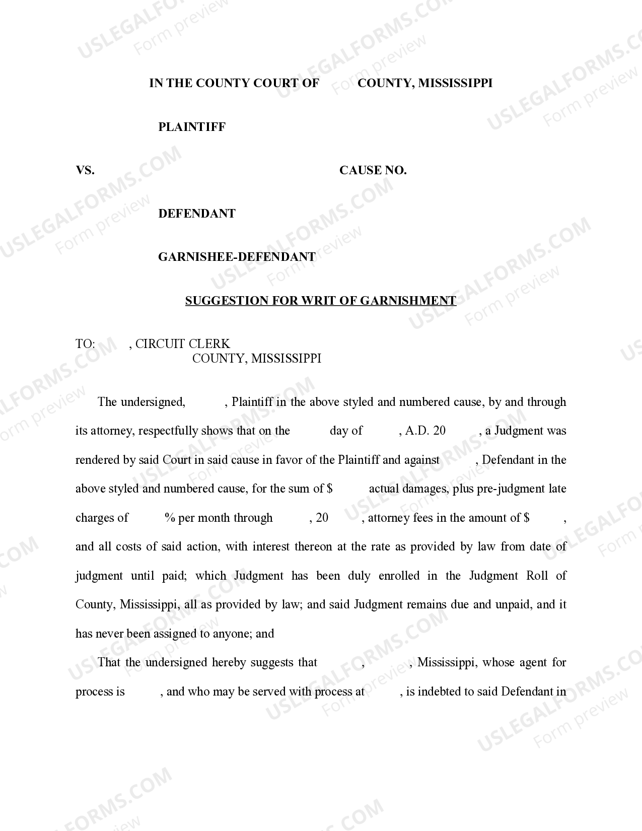 Mississippi Suggestion for Writ of Garnishment - Sample Answer To Writ ...