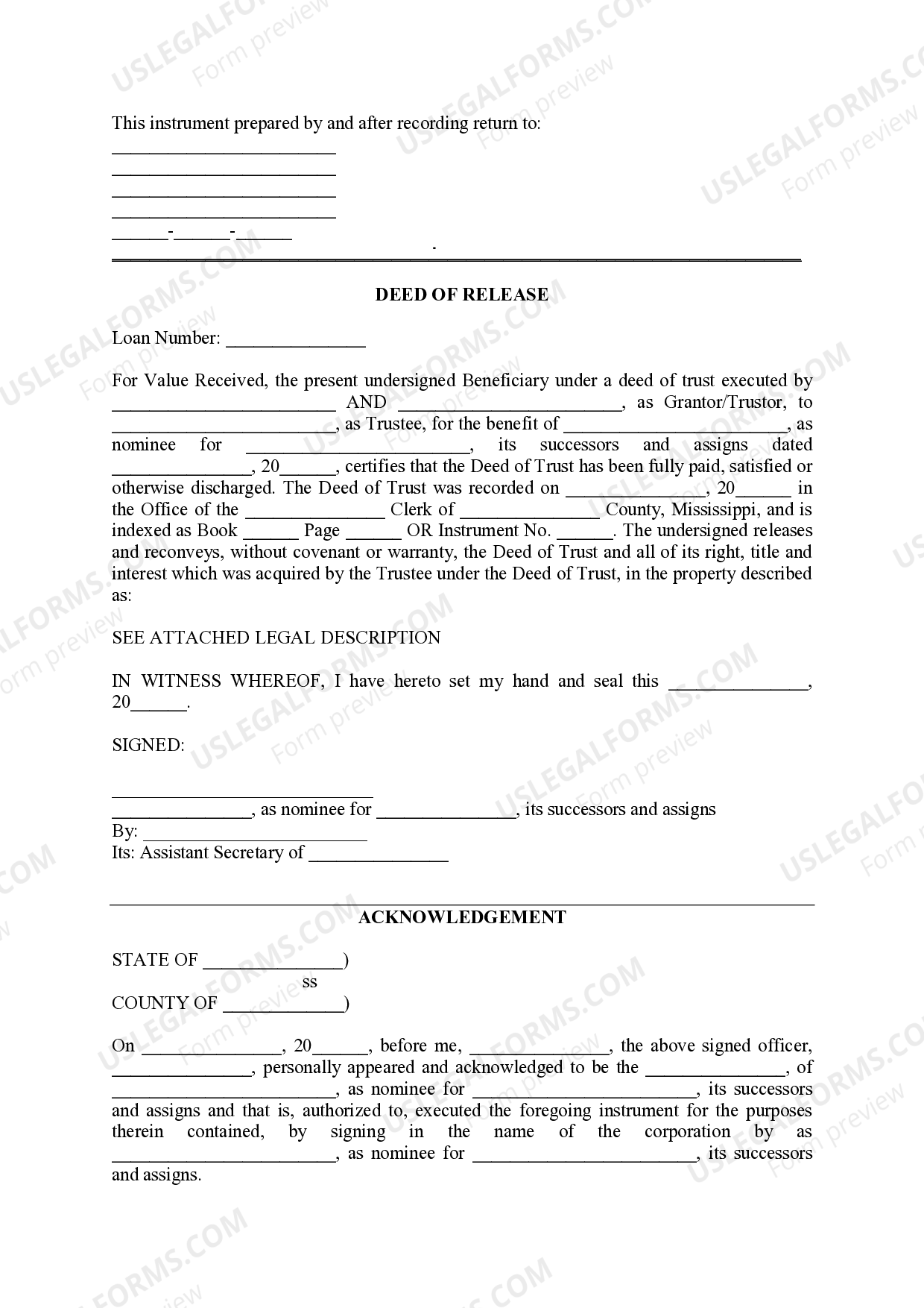 Mississippi Deed of Release - Deed Of Release | US Legal Forms