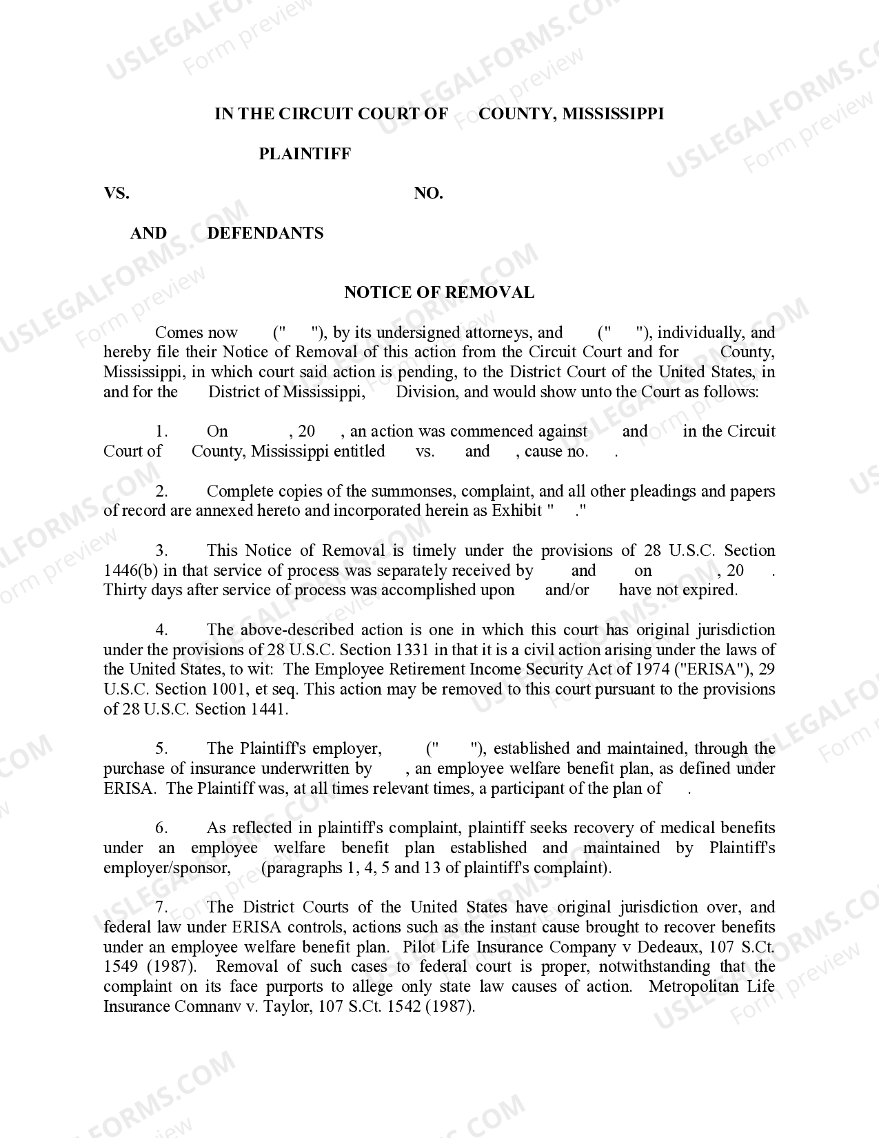 Mississippi Notice of Removal - Removals To Mississippi | US Legal Forms