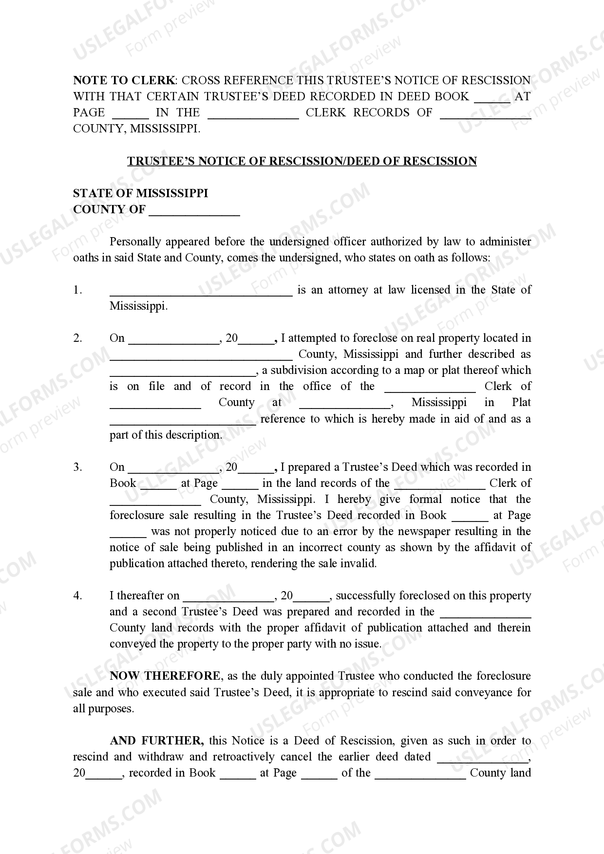 Mississippi Trustee's Notice of Recission - Recission Deed | US Legal Forms