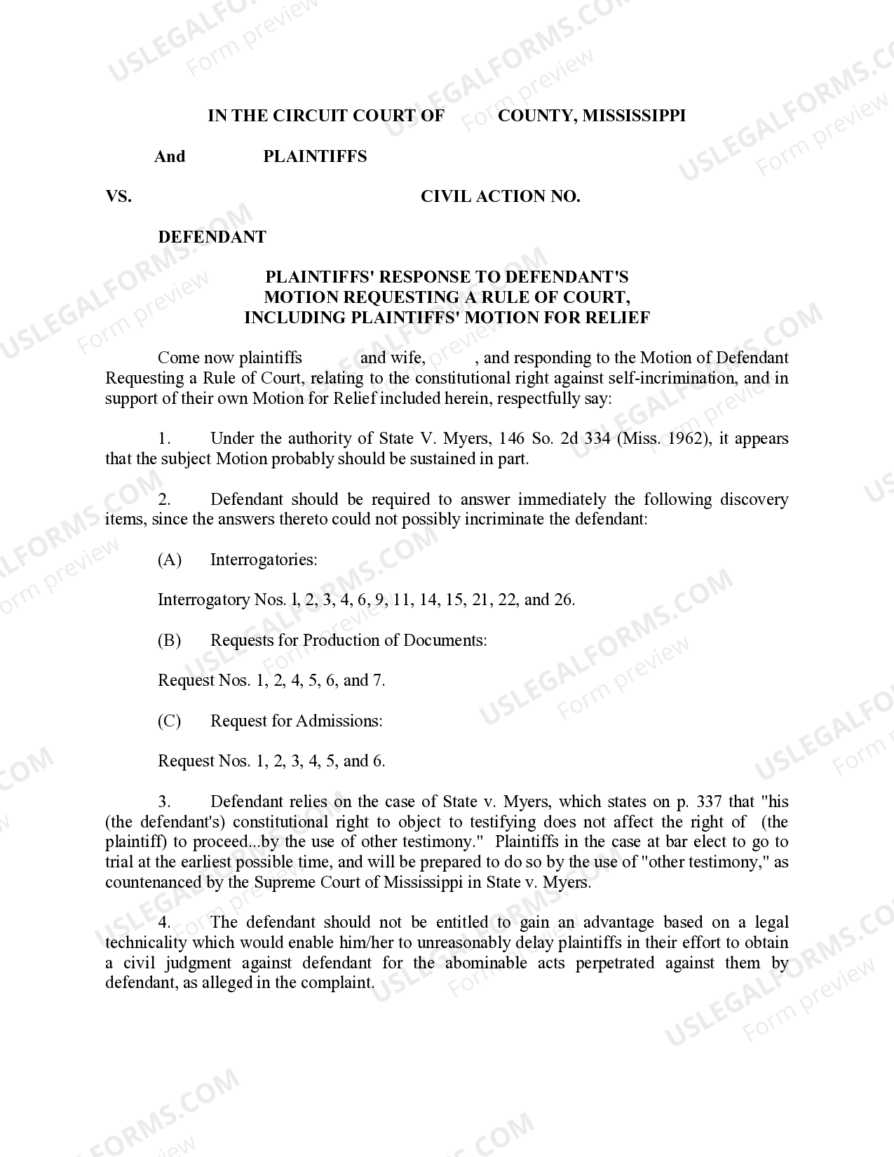 Mississippi Response to Motion - Response Motion | US Legal Forms
