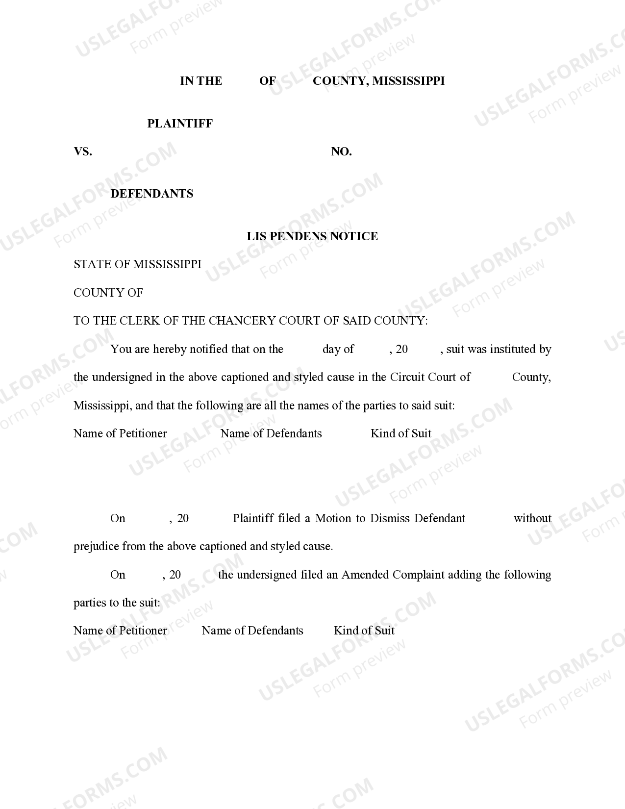 Mississippi Lis Pendens Notice - Lis Pendens Mississippi | US Legal Forms